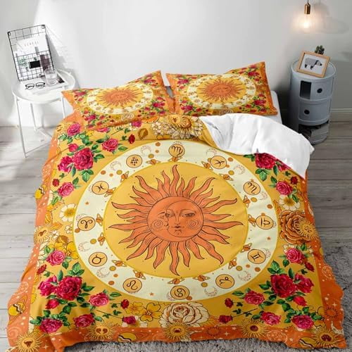 3PCS Terracotta Sun and Moon Duvet Cover King Bedding Set, Retro Red ...