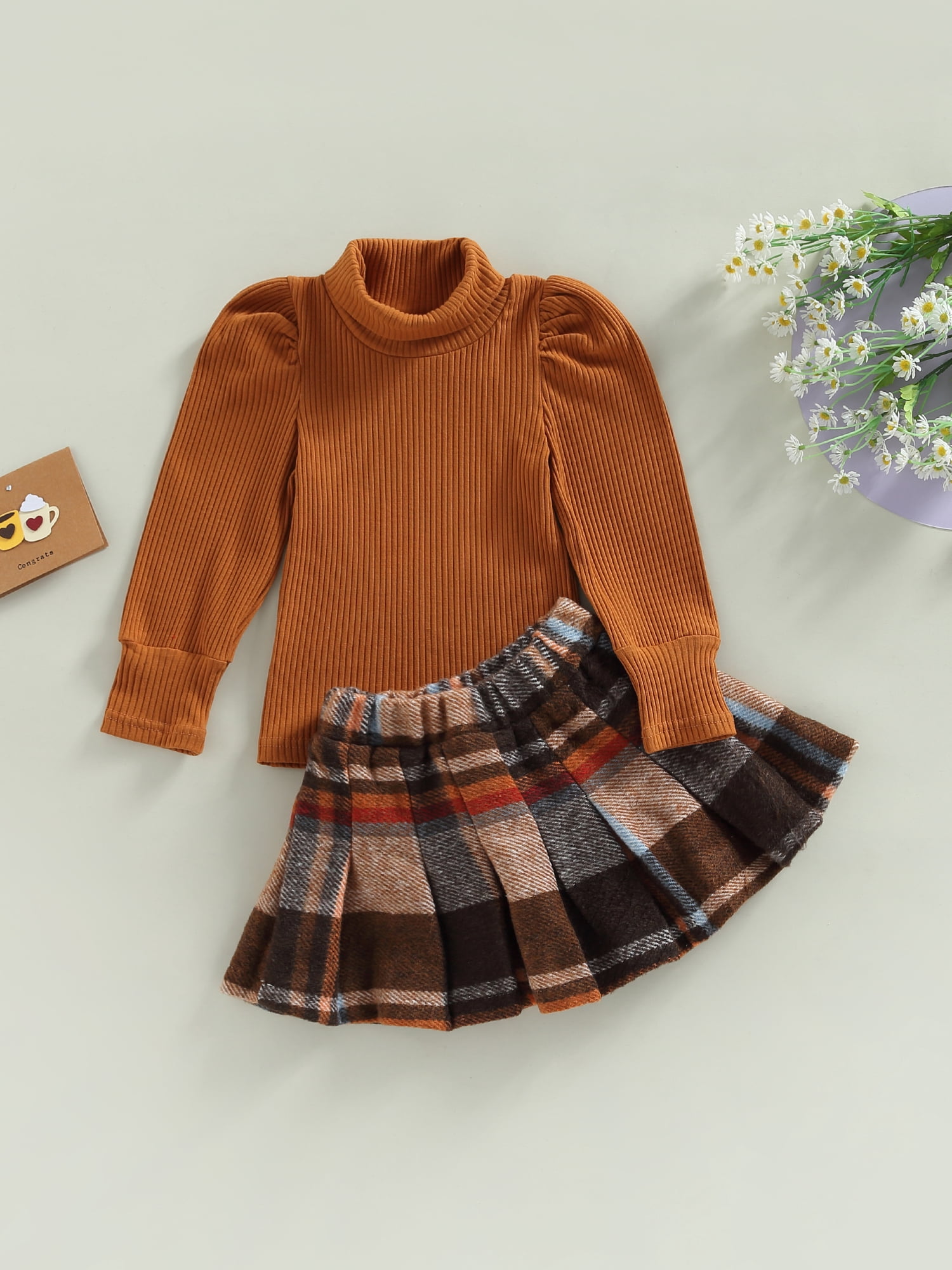 3PCS Toddler Girl Skirt Sets Turtleneck Long Sleeve Knit Sweater A Line ...