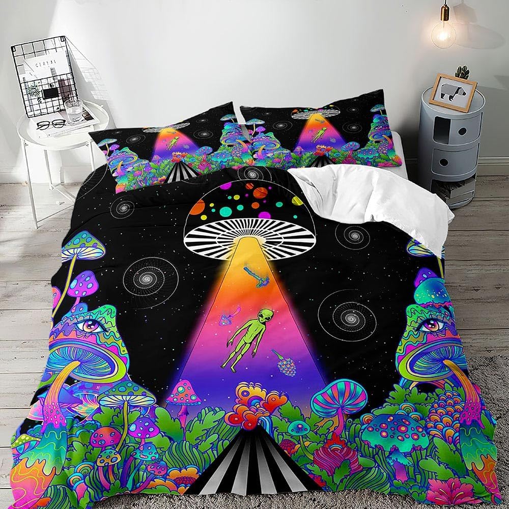 3PCS Trippy Alien Mushroom Duvet Cover 79x90 inch Bedding Set, Teens ...
