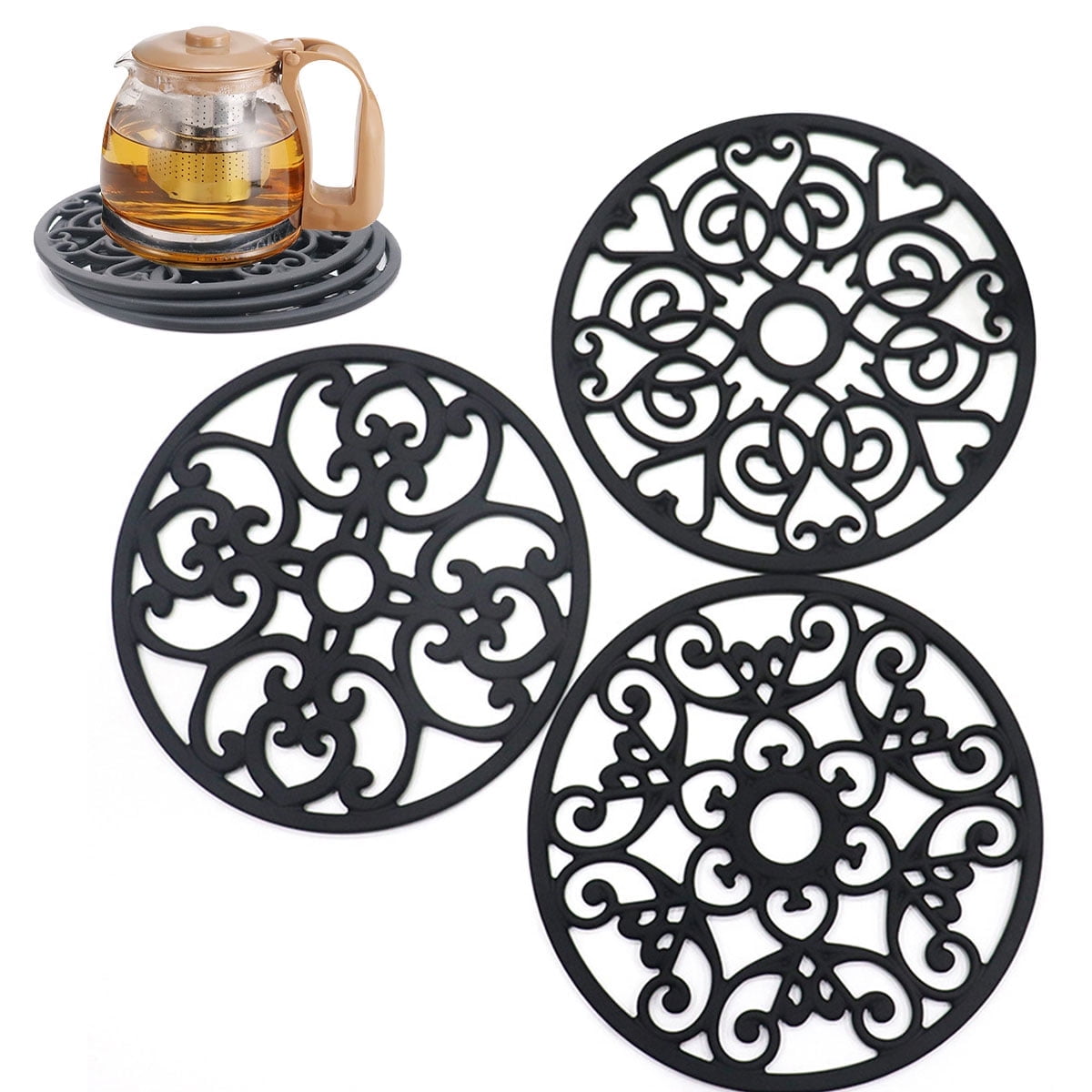 3PCS Trivet Mat Silicone Round Hollow Floral Pot Mat Heat Resistant Non ...