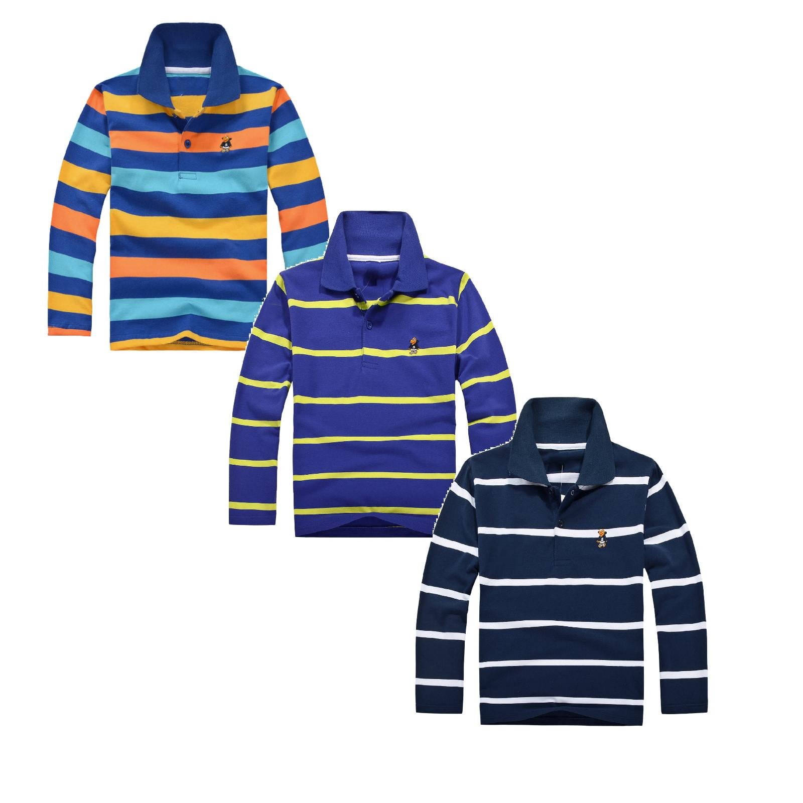 3PCS Tween Boy Polo Shirts 8-9 Years Long Sleeve Striped Shirt Button ...