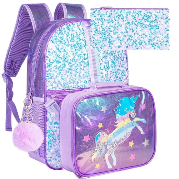 3PCS Unicorn Backpack, 16" Sequin Kids Girls Bookbag and Lunch Box ...