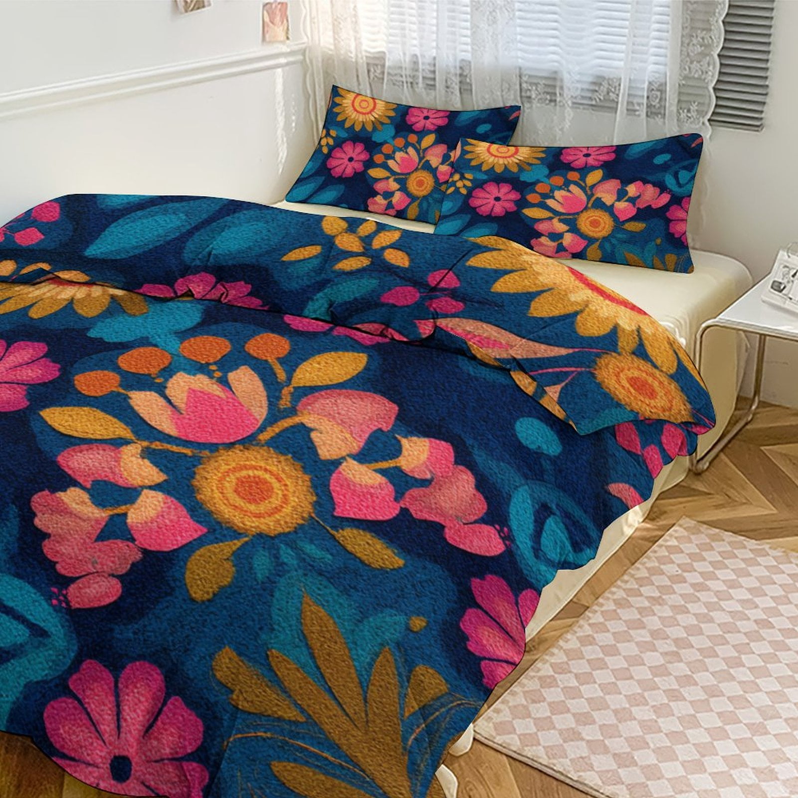 3PCS Vibrant Floral Navy Textile Design Duvet Cover Set Twin, 1 Duvet ...