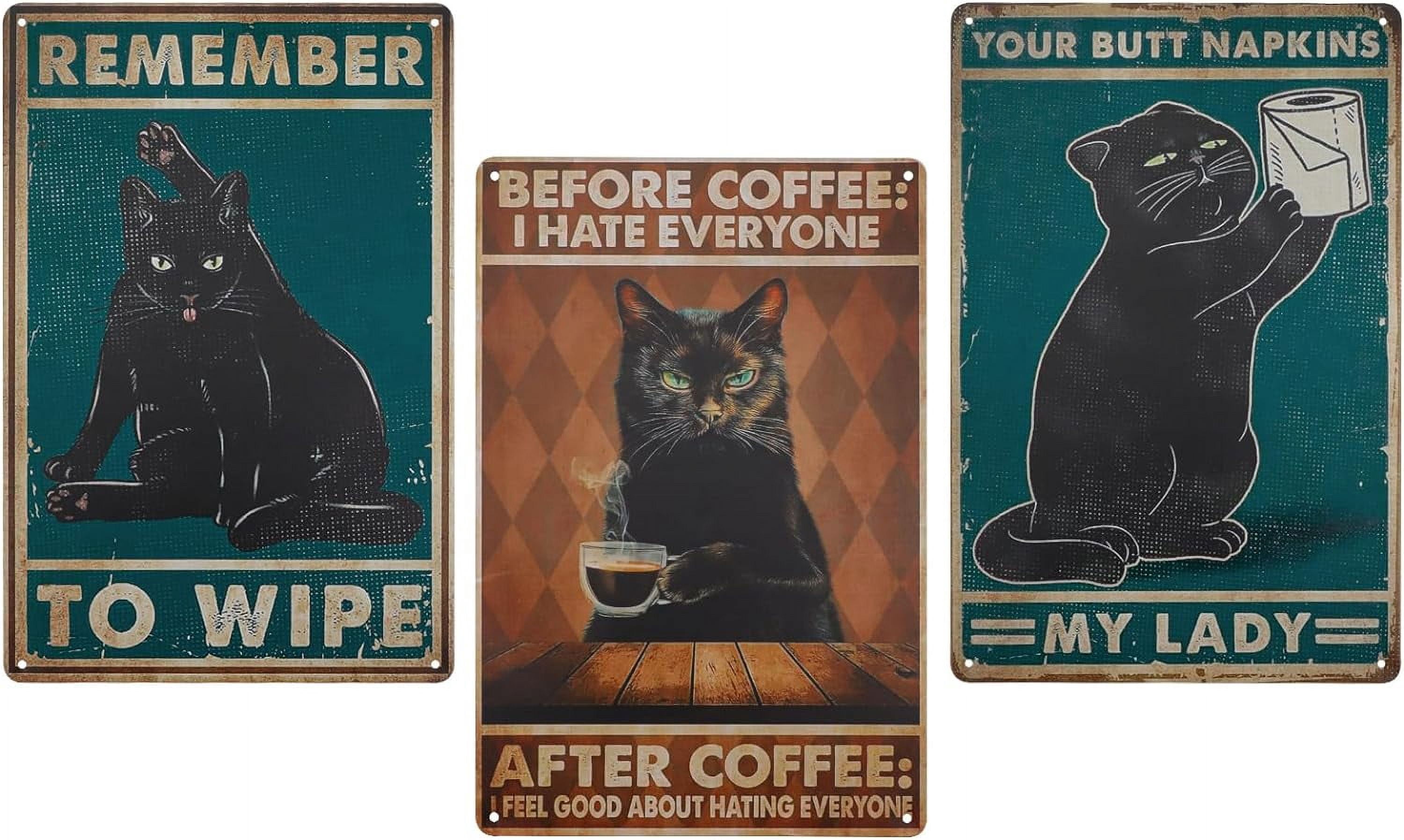3PCS Vintage Metal Tin Sign Black Cat, Retro Funny Cat Poster Home ...