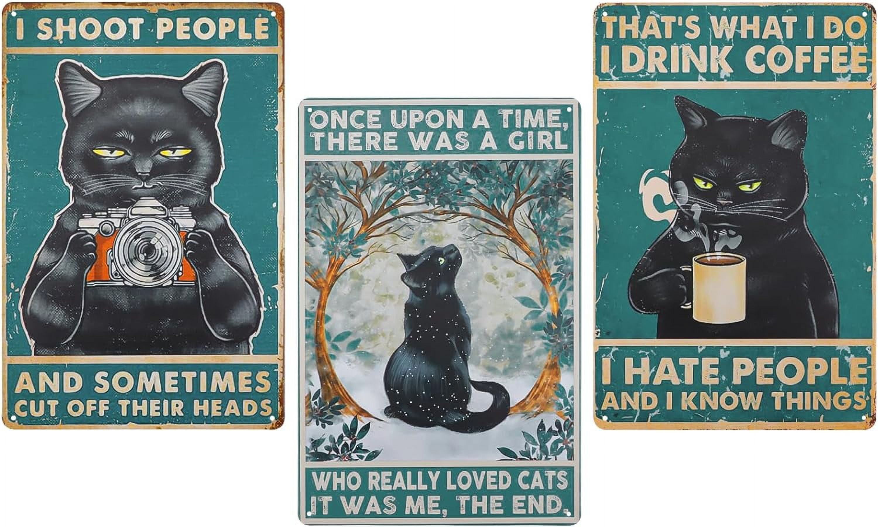 3PCS Vintage Metal Tin Sign Black Cat, Retro Funny Cat Poster Home ...