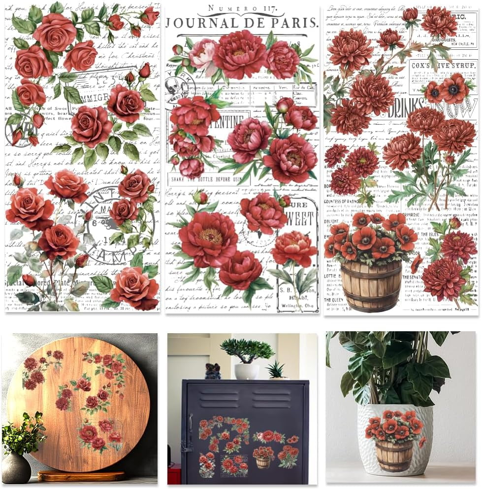 3PCS Vintage Red Rose Rub on Transfers for Furniture 5.9"×11.8" Flower ...