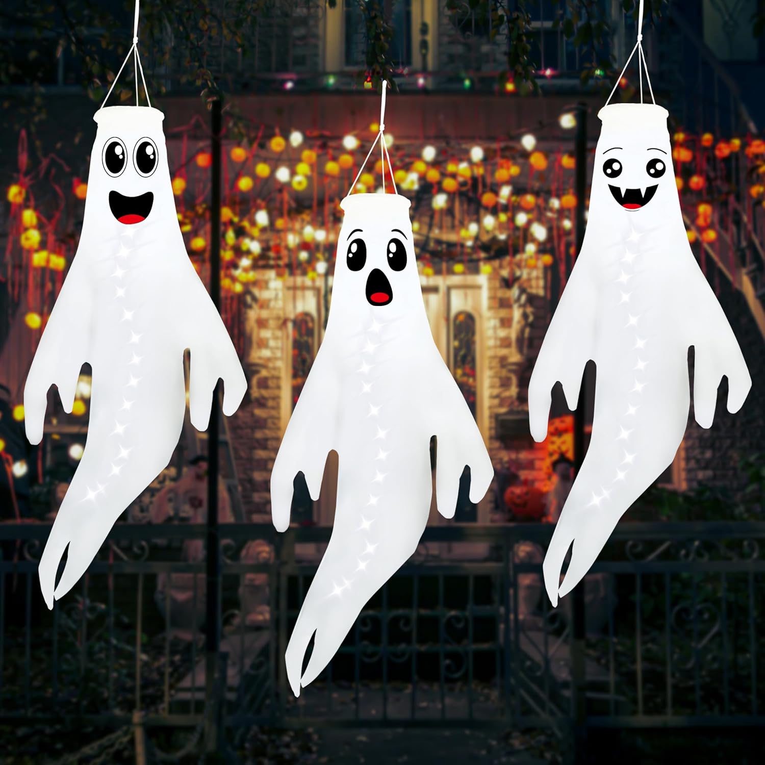 3PCS White Halloween Cute Ghost Windsocks Hanging Decorations - 43 Inch ...