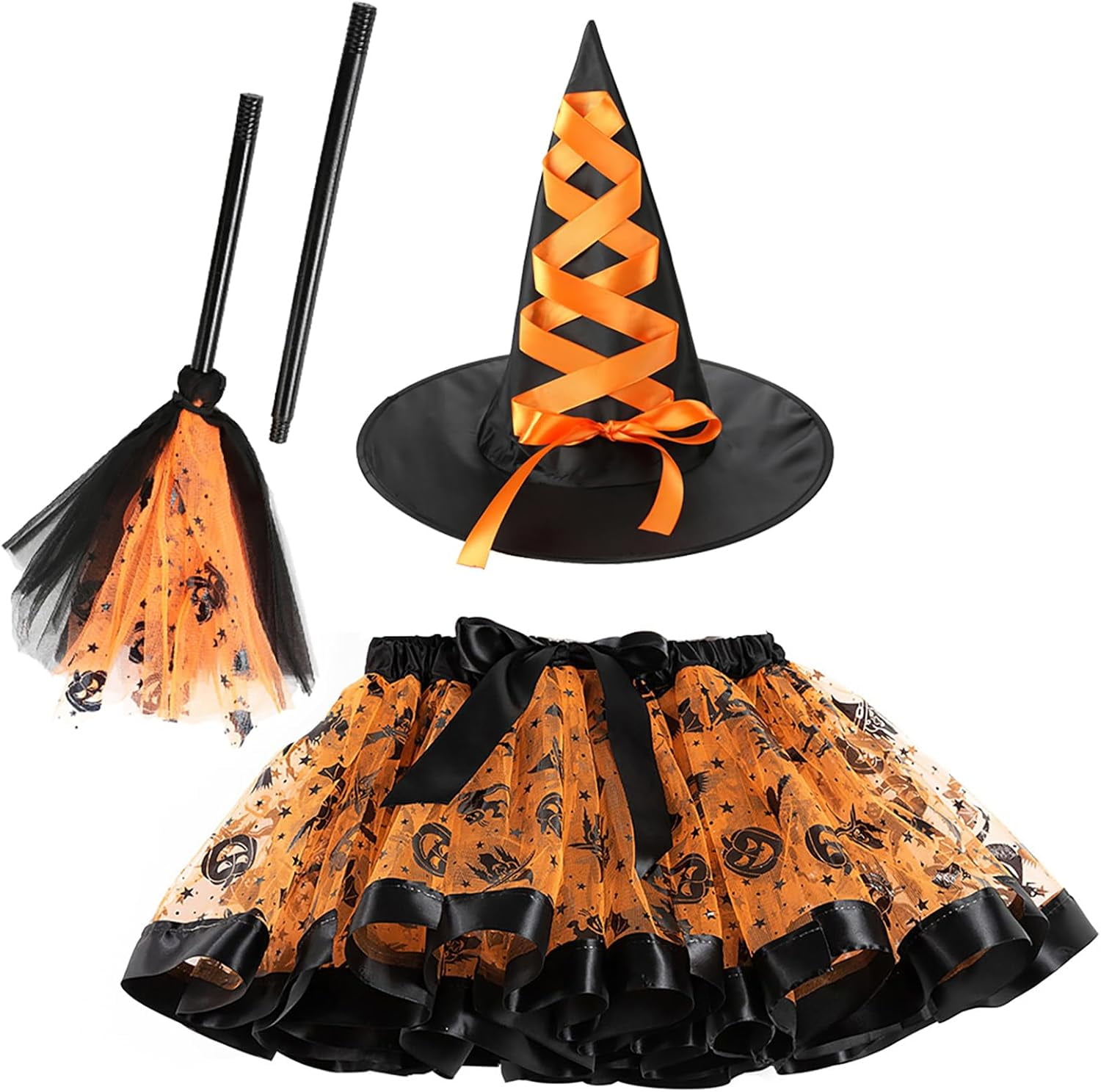 3PCS Witch Costume Set for Kids Girls, Black and Orange Pumpkins Tutu Skirt Witches Hat with ...