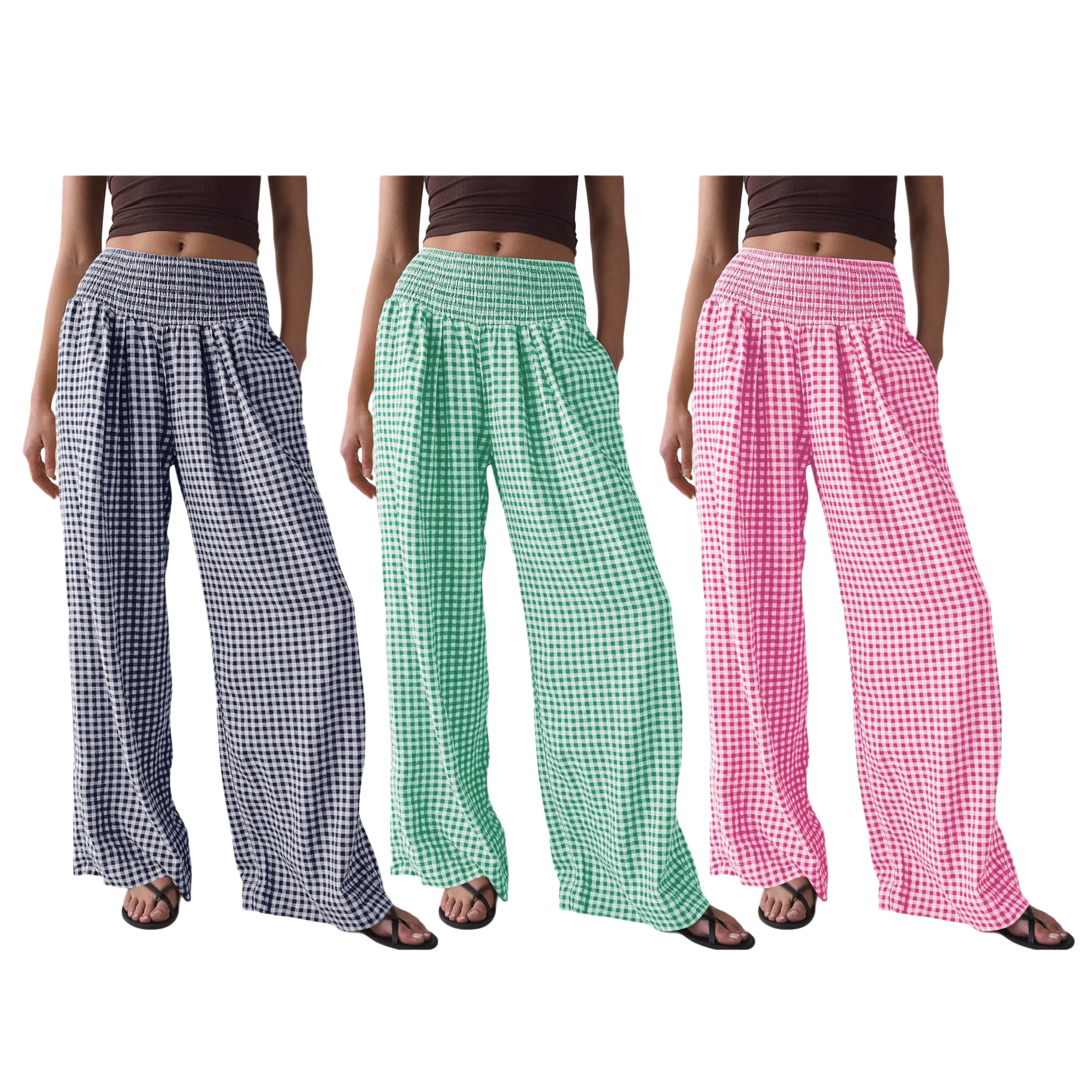3PCS Women Pocket Stretch Waist Long Pants Solid Color Loose Fit ...