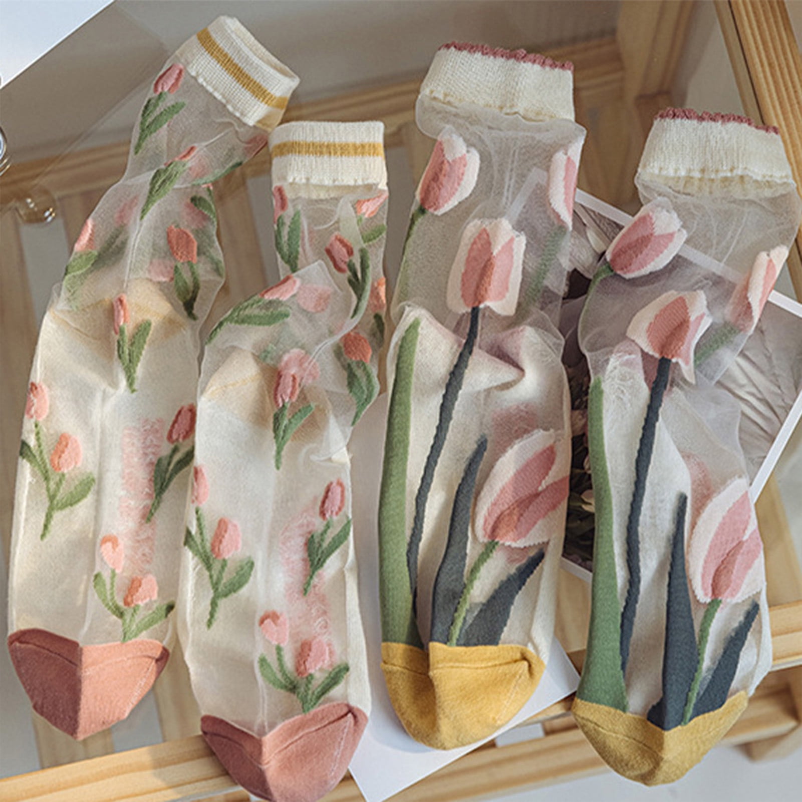 3PCS Women Sheer Sock Cute See Through Lace Socks Transparent Floral ...