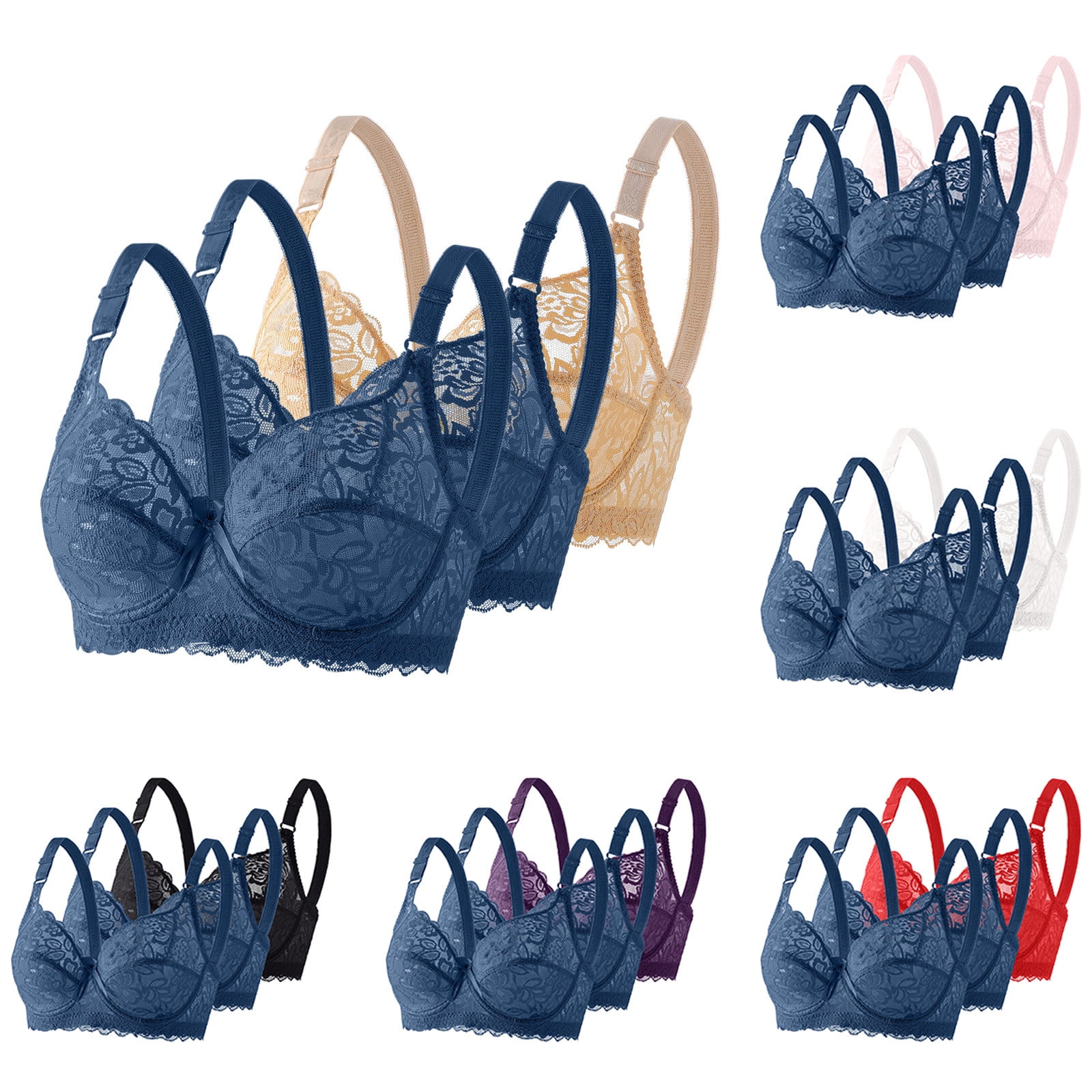 3PCS Women's Bras Underwire Push up Plus Size Solid Color Lightweight ...