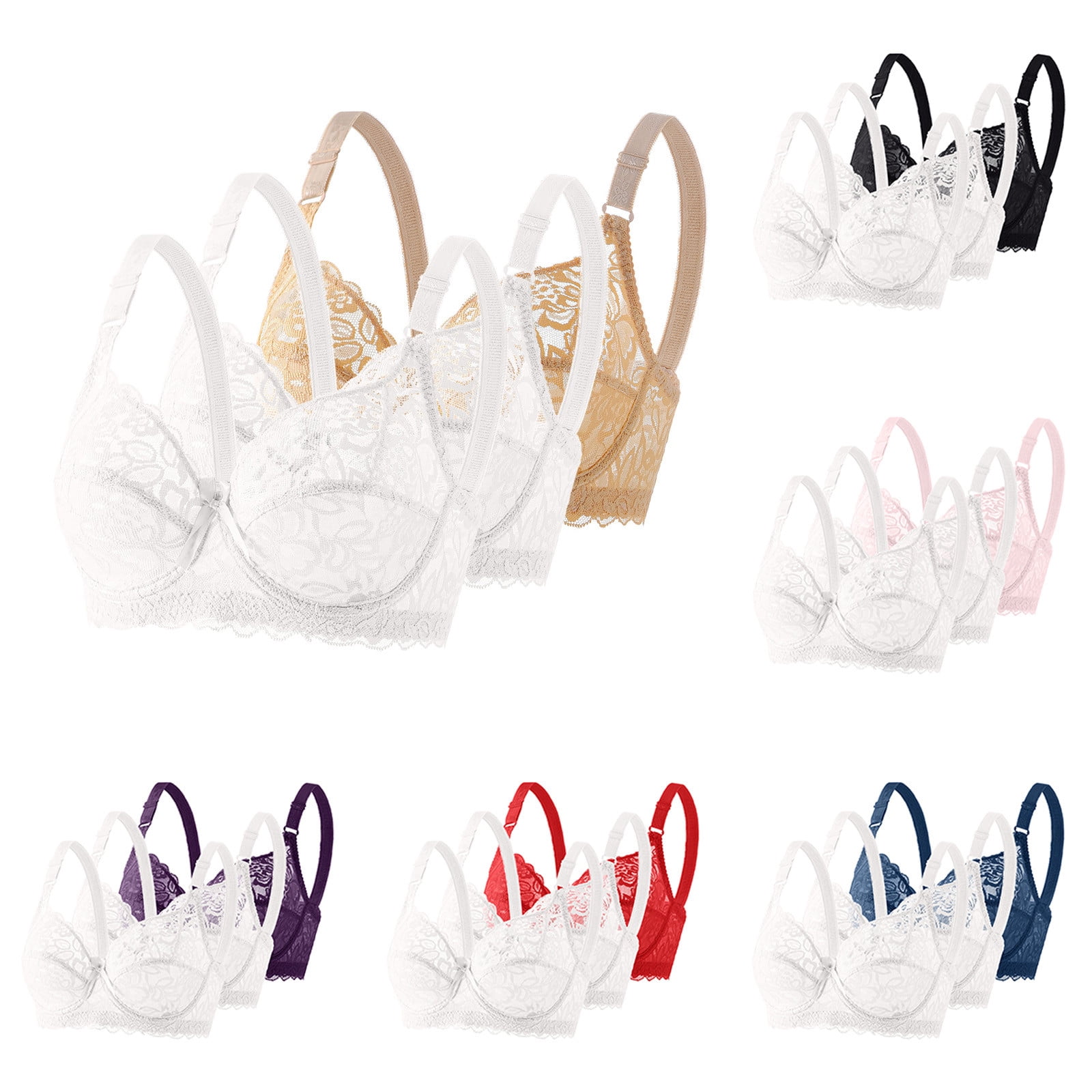 3PCS Women's Plus Size Bras Push up Supportive Bras Underwire Solid ...