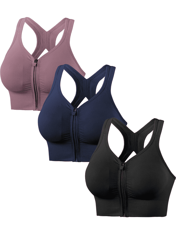 3PCS Women's Zip Front Sports Bra Wireless Post-Surgery Bra Active Yoga ...