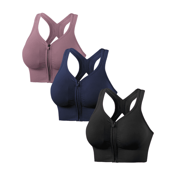 3PCS Women's Zip Front Sports Bra Wireless Post-Surgery Bra Active Yoga ...