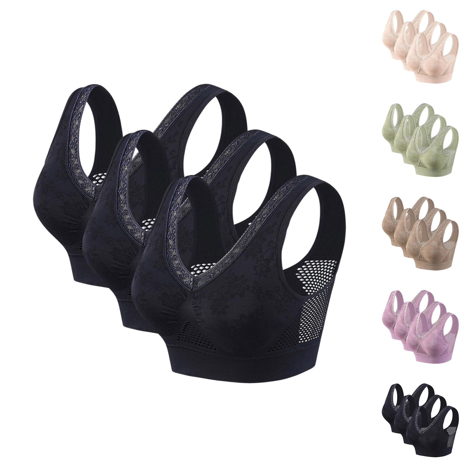3PCS Womens Wirefree Bras No Underwire Push up Plus Size Solid Color ...