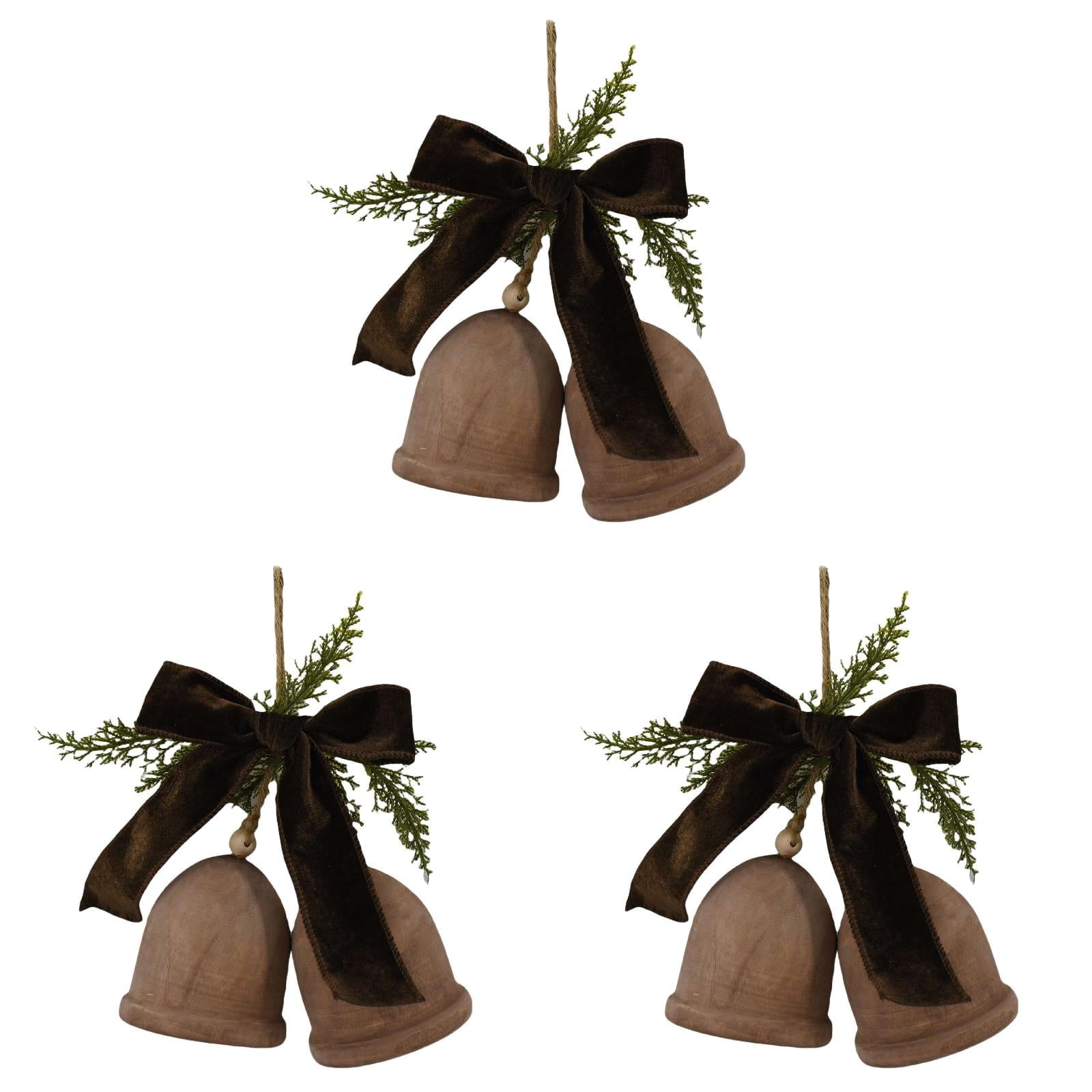 3PCS Wooden Bells with Bow,Christmas Tree Hanging Decoration,Bow Wall ...