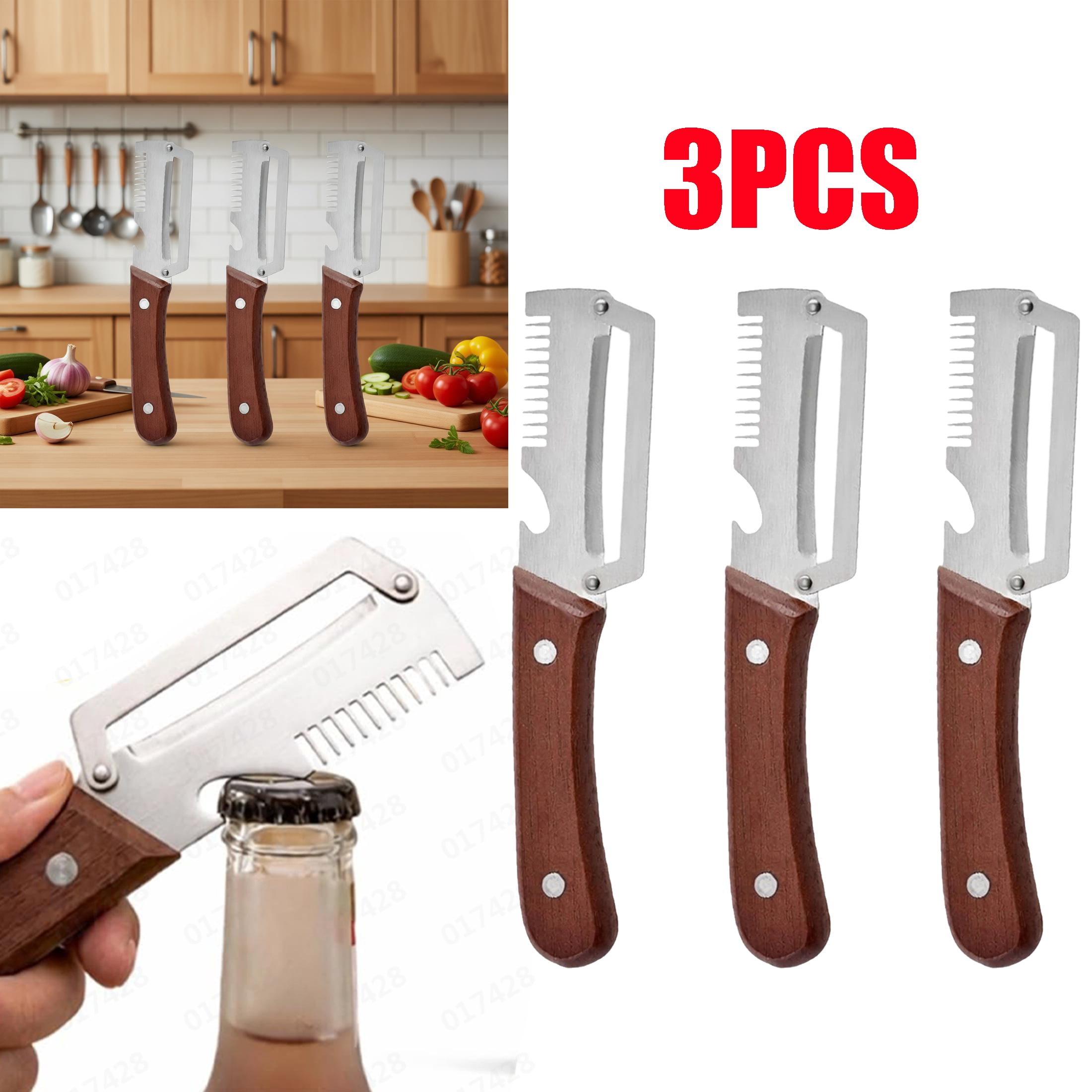 3PCS Wooden Handle Vegetable Peeler Stainless Steel Scallion Shredder ...