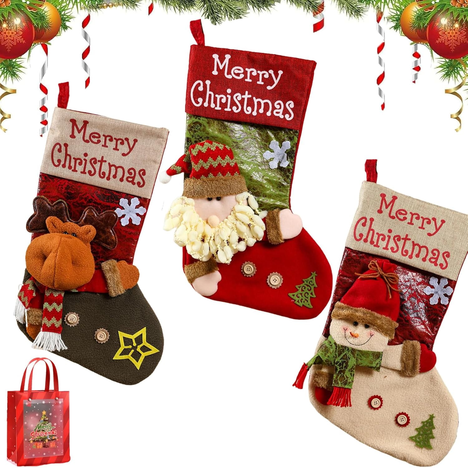 3PCS Xmas Stocking Mystery Bag, 11 * 18.5IN Extra Large 3D Christmas ...