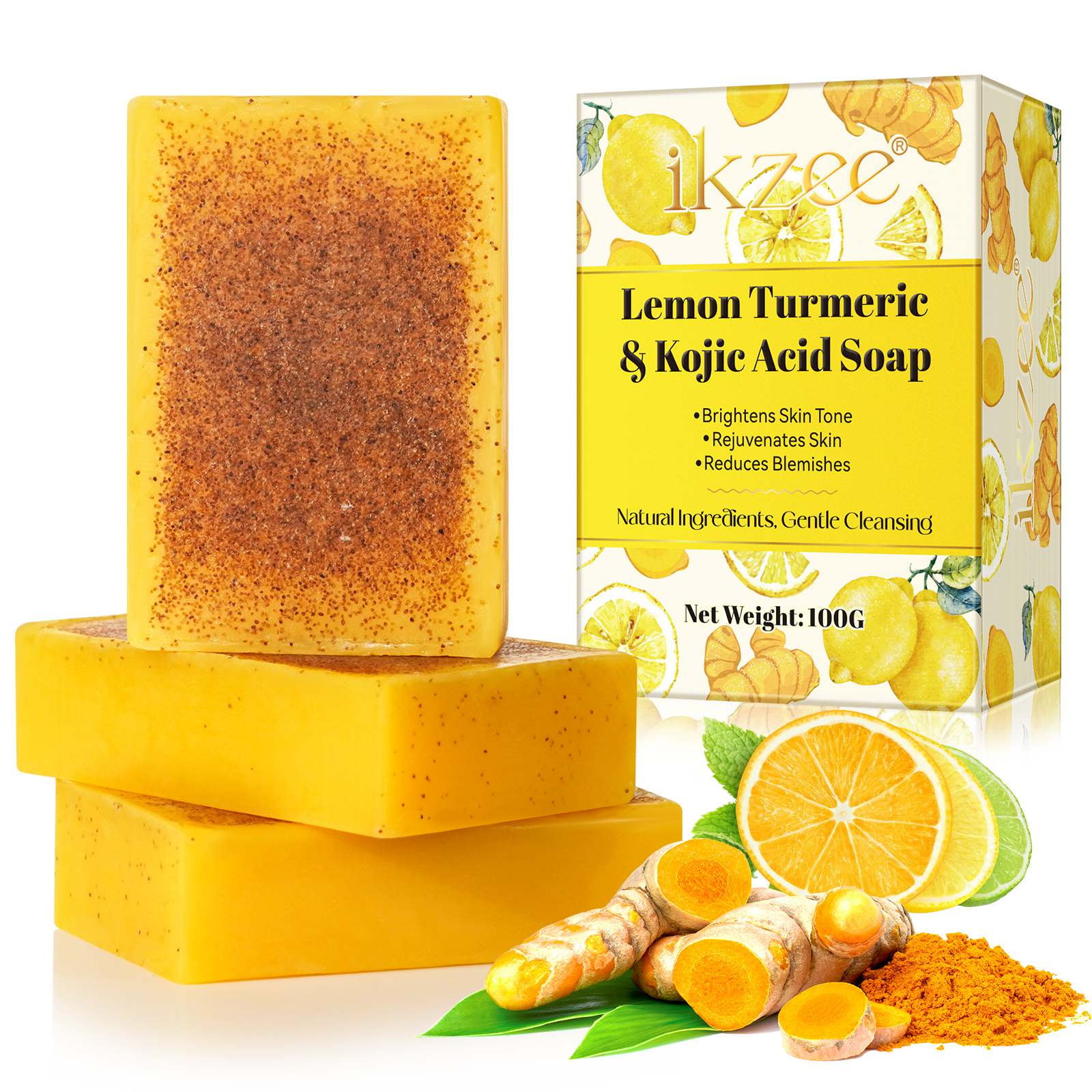3PCS ikzee Kojic Acid Lemon Turmeric Soap for Face and Skin, Acne Scar ...