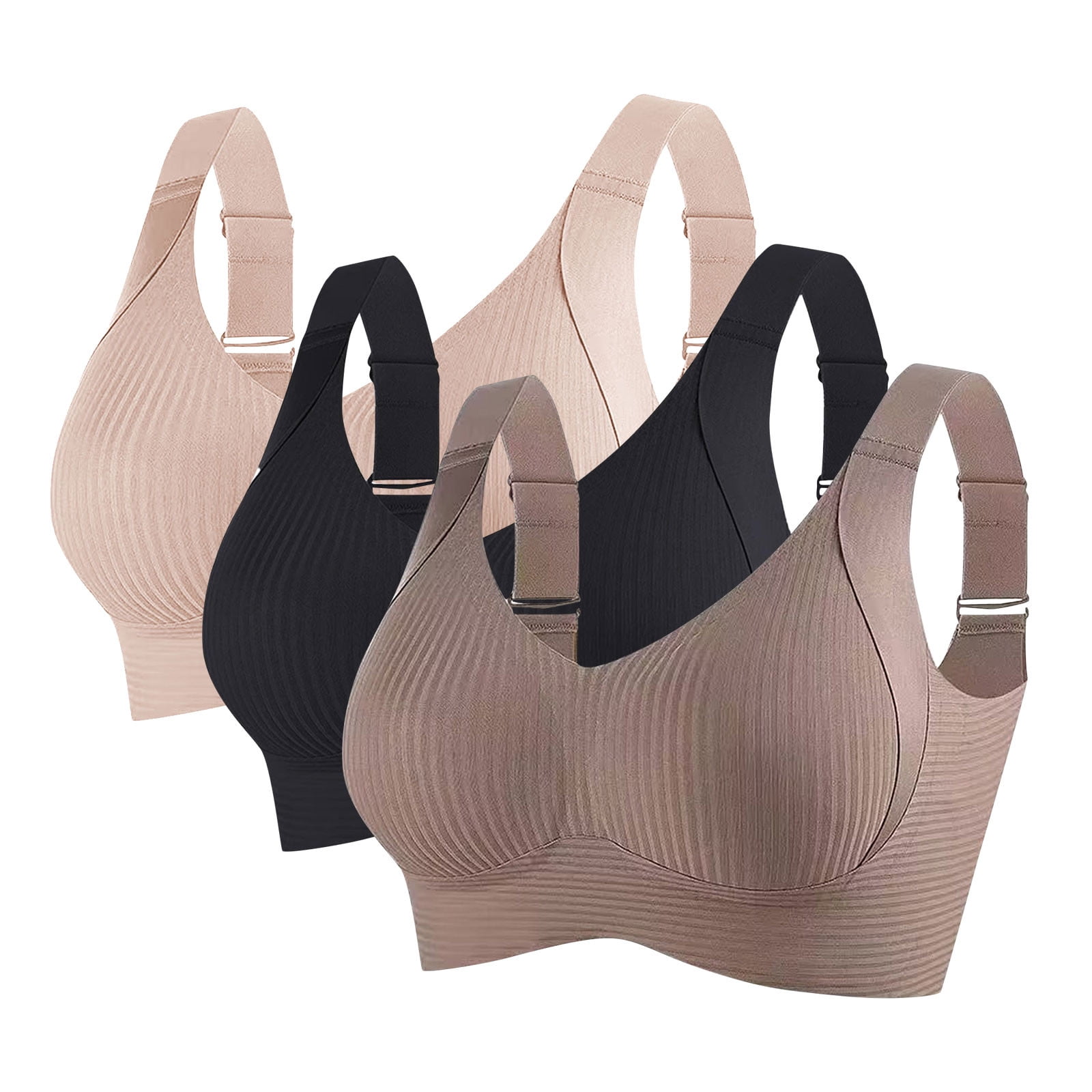 3PCs Womens Wireless Bras No Underwire Push Up Bra Seamless Ribbed Cozy ...
