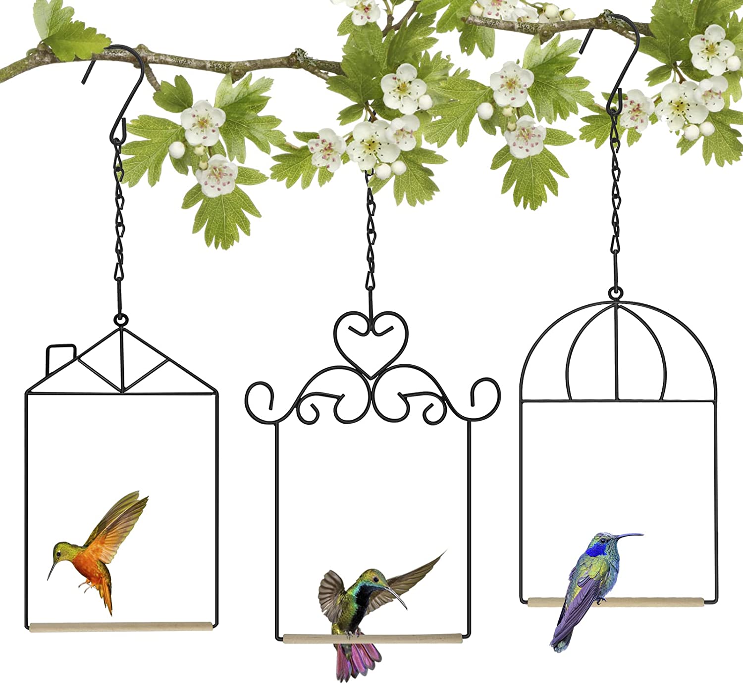 3PK Metal Frame Hummingbird Swings and Perches with Wooden Dowel Black ...