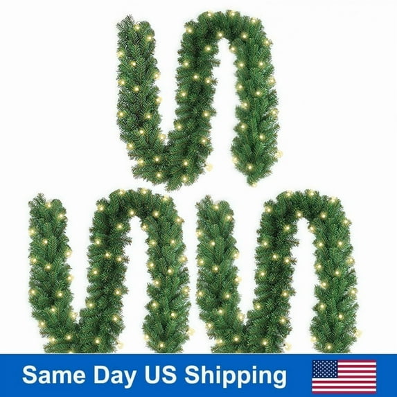 3Pack 10FT Pre-Lit Christmas Garland with Warm White LED Lights ...