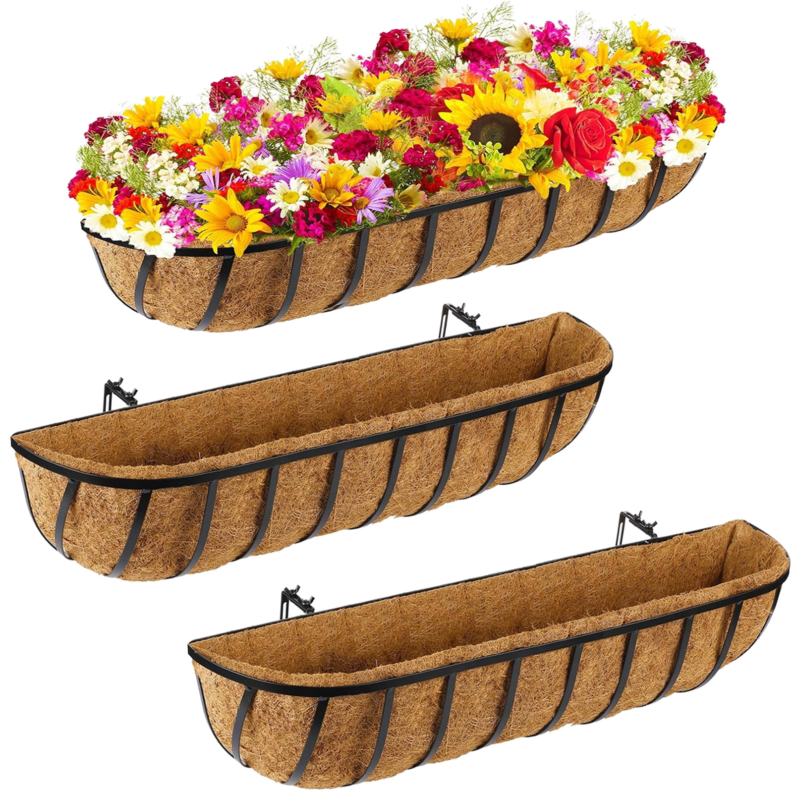 3Pack 24in Window Boxes Deck Baskets with Coconut Liner Railing Planter ...