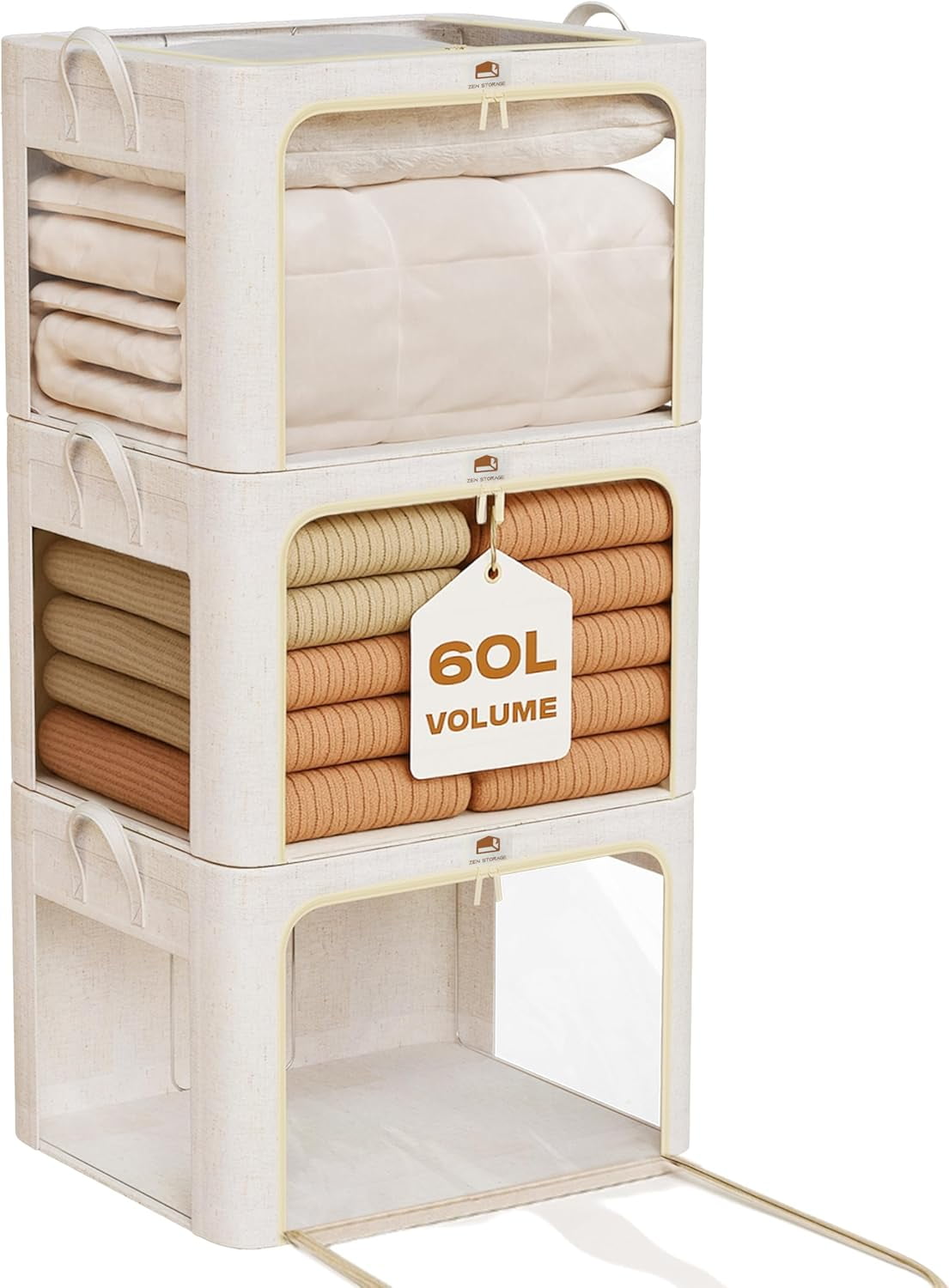 3Pack 60L Large Cloth Storage Bins with Metal Frame, Linen Storage Box ...