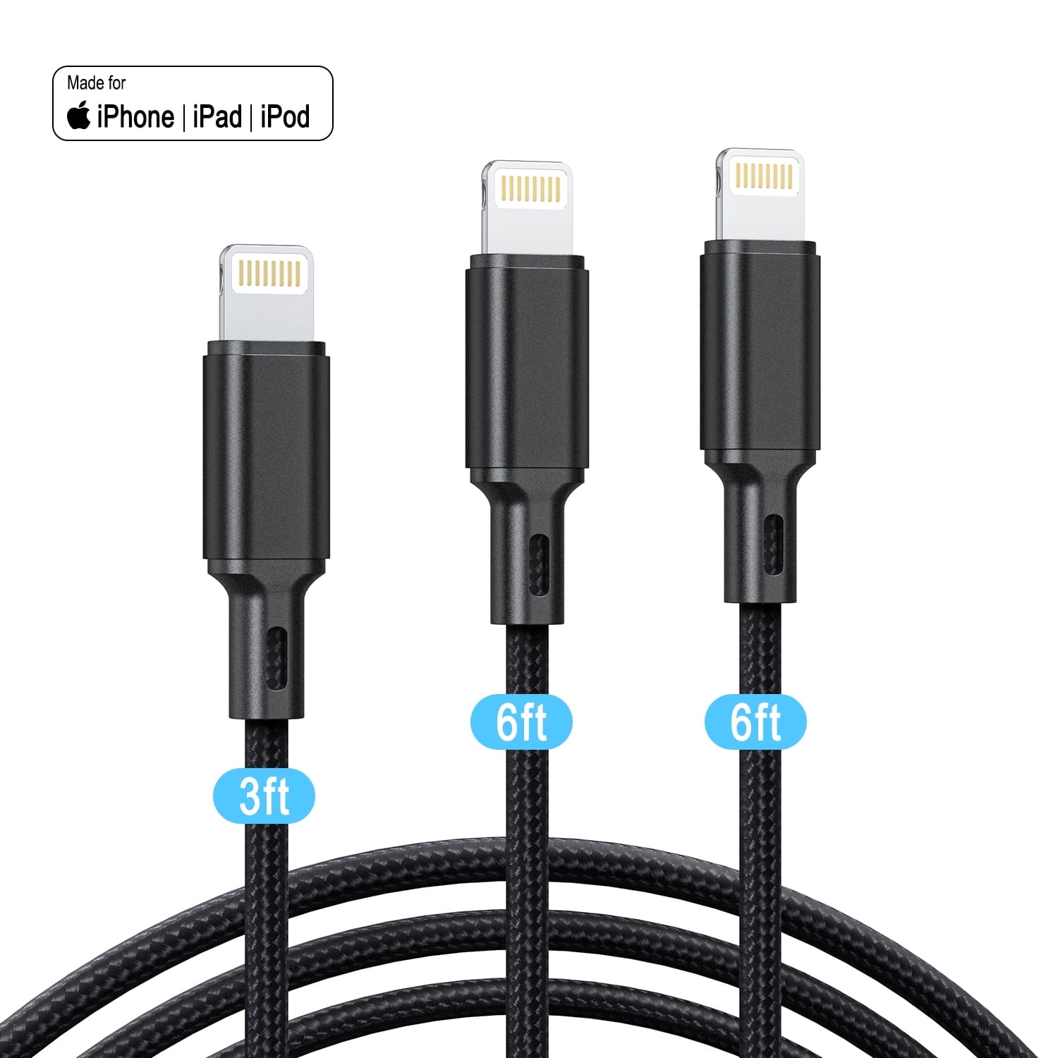 Cshidworld 3Pack Lightning Charger Cables, 3ft, 6ft, Nylon Braided, Fast Charging iPhone Cord ...