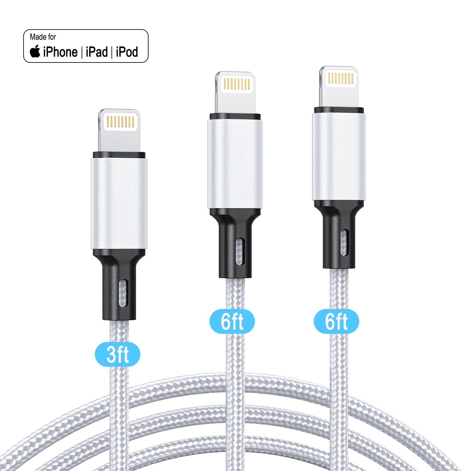 3Pack [Apple MFi Certified] Lightning Charger Cables (3/6/6ft), Lightning Cable Nylon Fast ...
