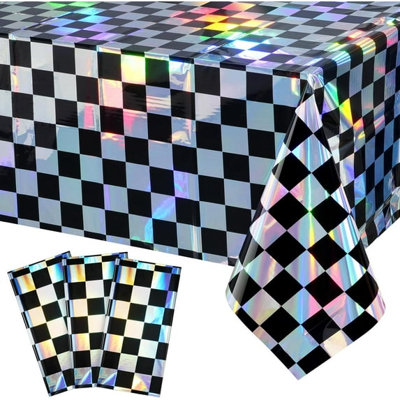 3Pack Black and Iridescent Checkered Plastic Tablecloth, Shiny ...