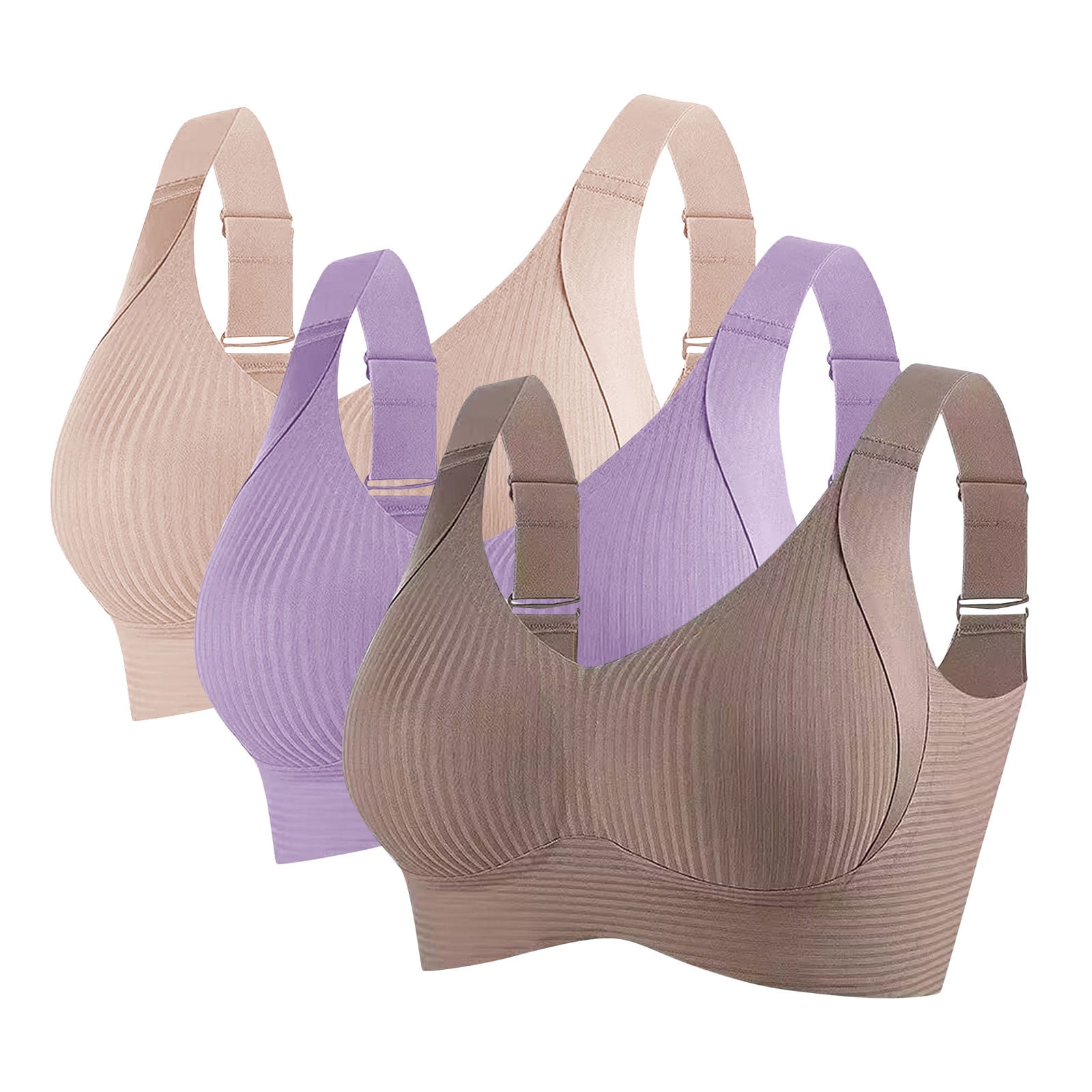 3Pack Bras for Women Adjustable Strap Stretchy Comfy Sport Bra Ribbed Wireless Push Up Full ...