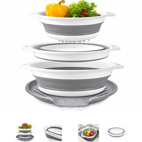 3Pack Collapsible Kitchen Colanders with OverSink Draining Tray ...