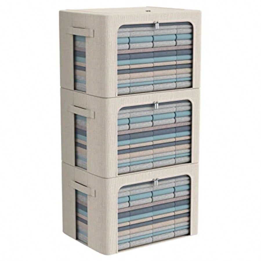 3Pack Foldable Storage Bins - Frame Storage Box Linen Fabric Stackable ...