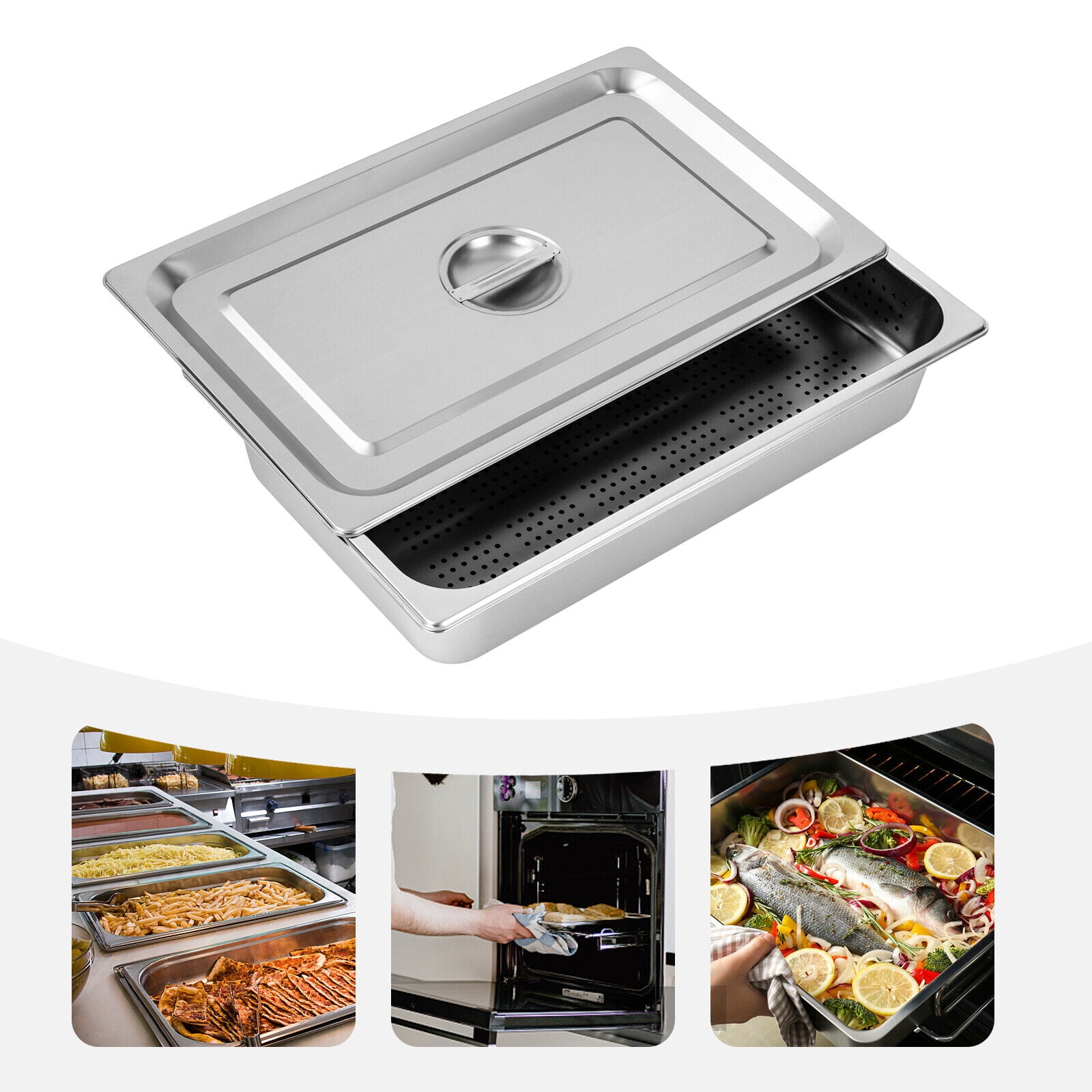 3Pack Full Size Food Pan Perforated Steam Pan with Cover Steam Table ...