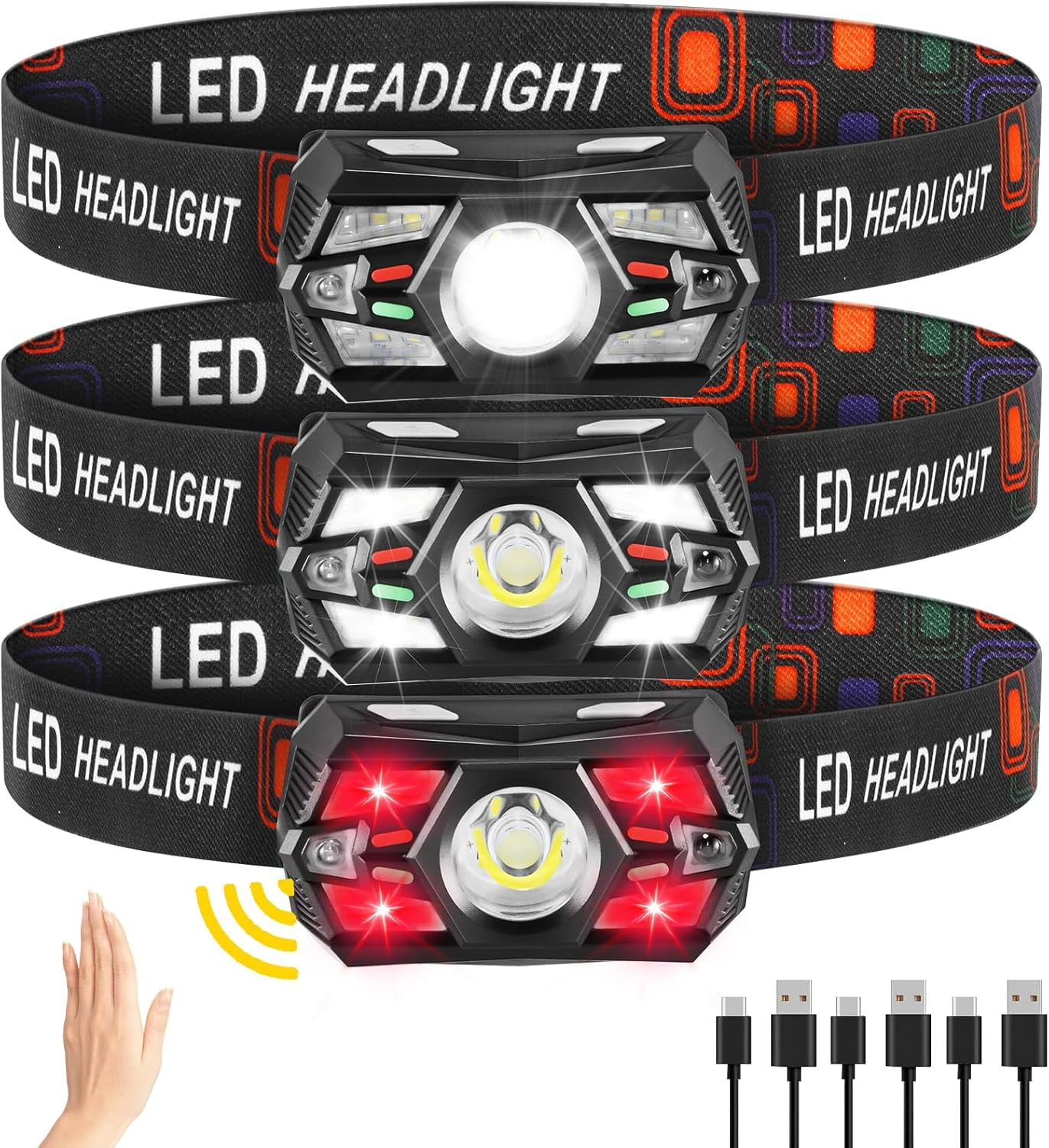 3Pack Headlamp Rechargeable, Super Bright Head Lamps LED Rechargeable ...