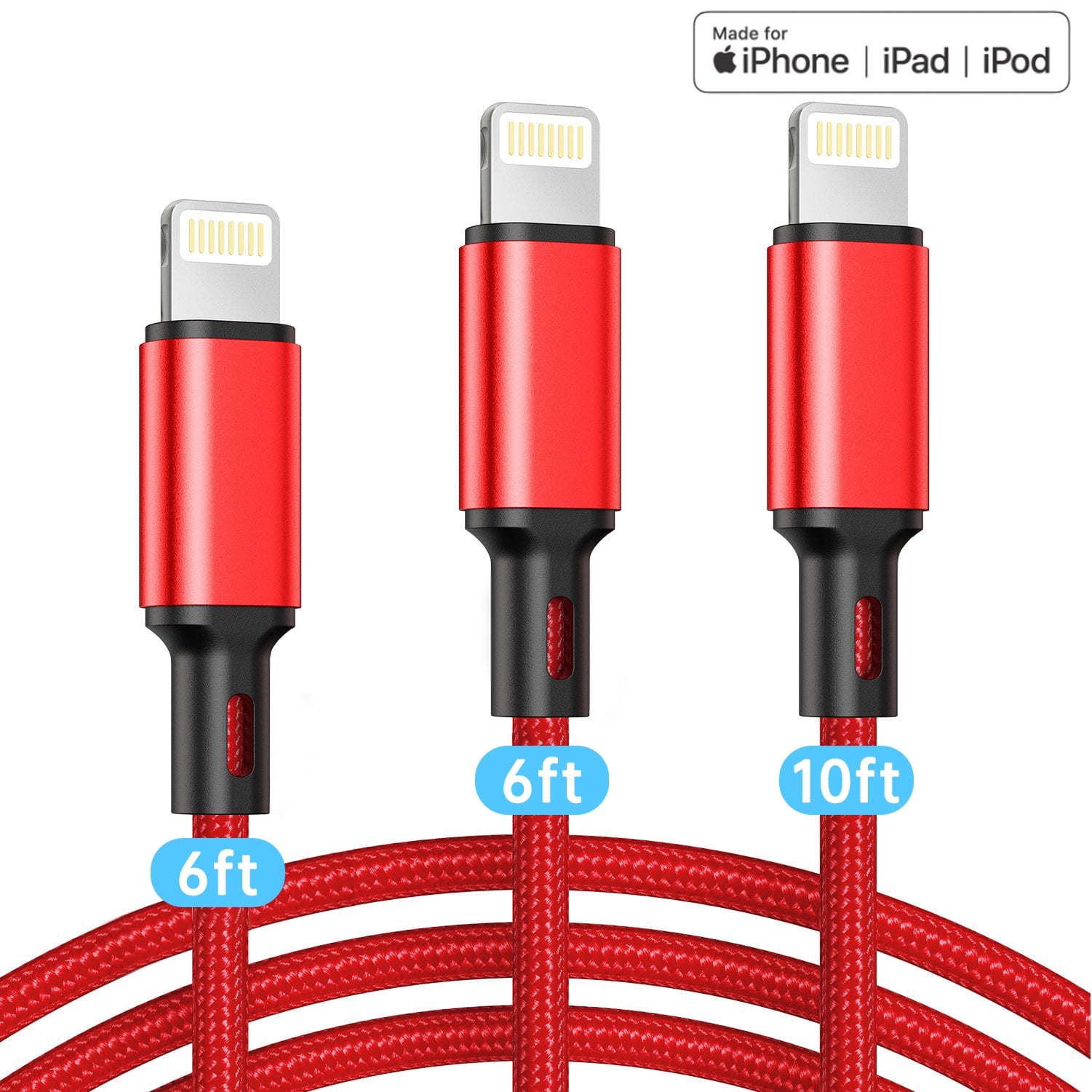3Pack Lightning Charge Cord, [Apple MFi Certified] Long USB Lightning ...