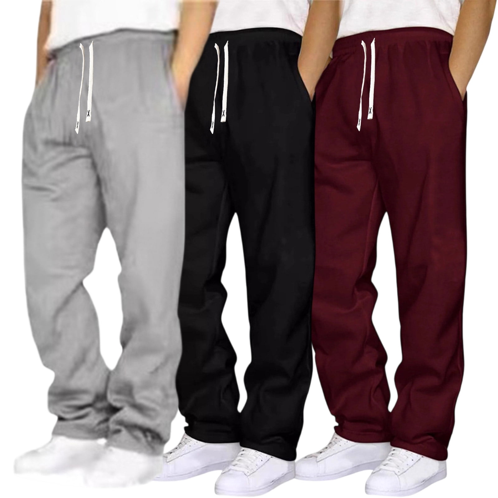 3Pack Mens Sweatpants Cargo Pants Open Bottom Wide Leg Sweatpants with ...