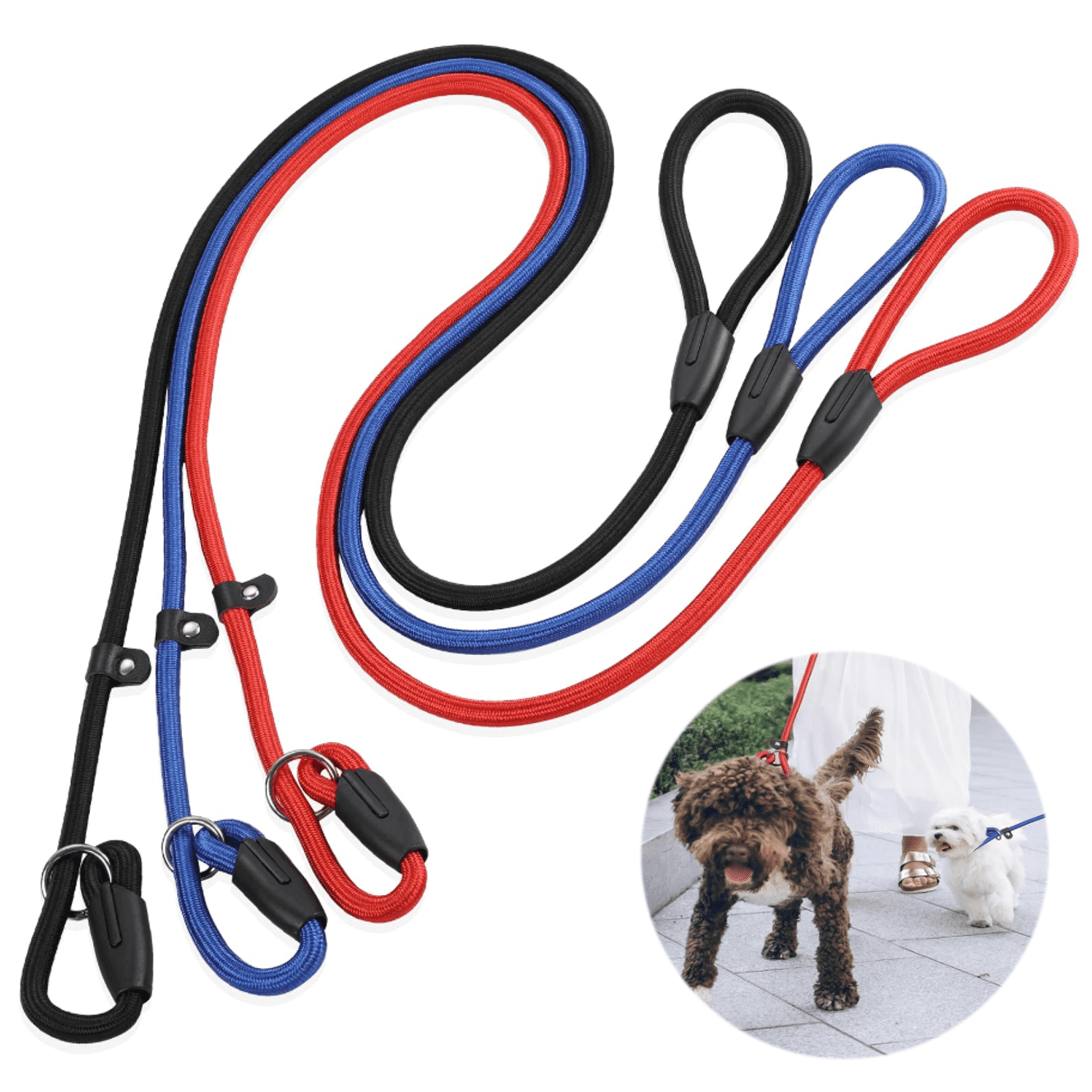3Pack No-Pull Dog Slip Leads Adjustable, Red/Black/Blue (for Small Dogs ...