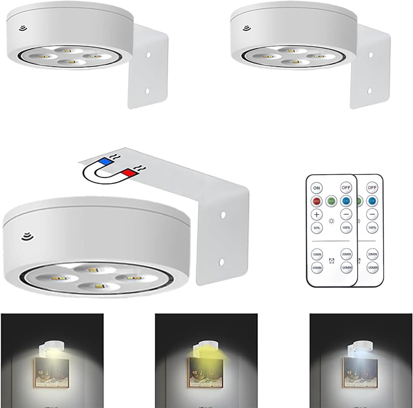 3Pack Picture Light Battery Operated Painting Lights, Wireless Magnetic ...