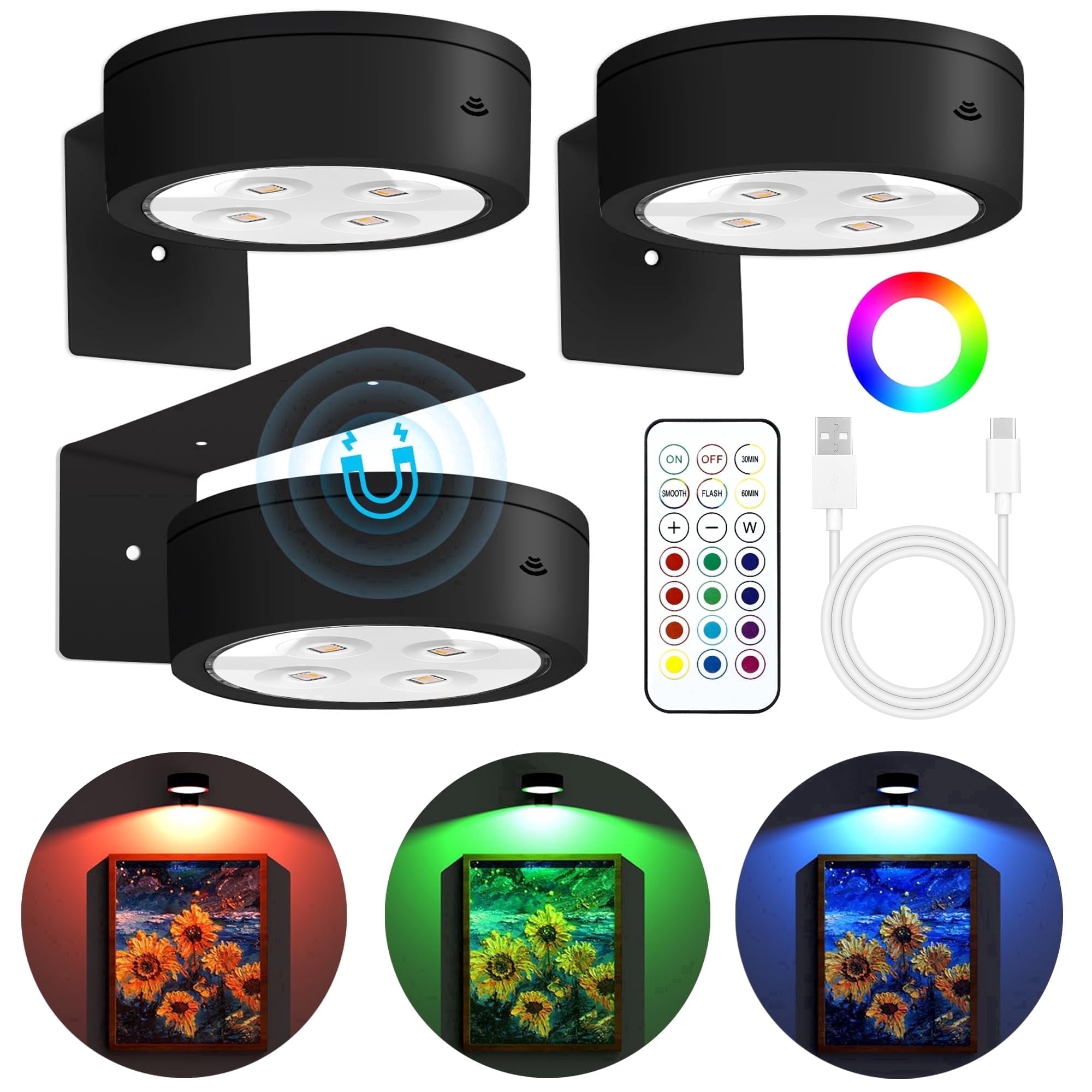 3Pack RGB Picture Light, Rechargeable Picture Frame Support 2 Dynamic ...