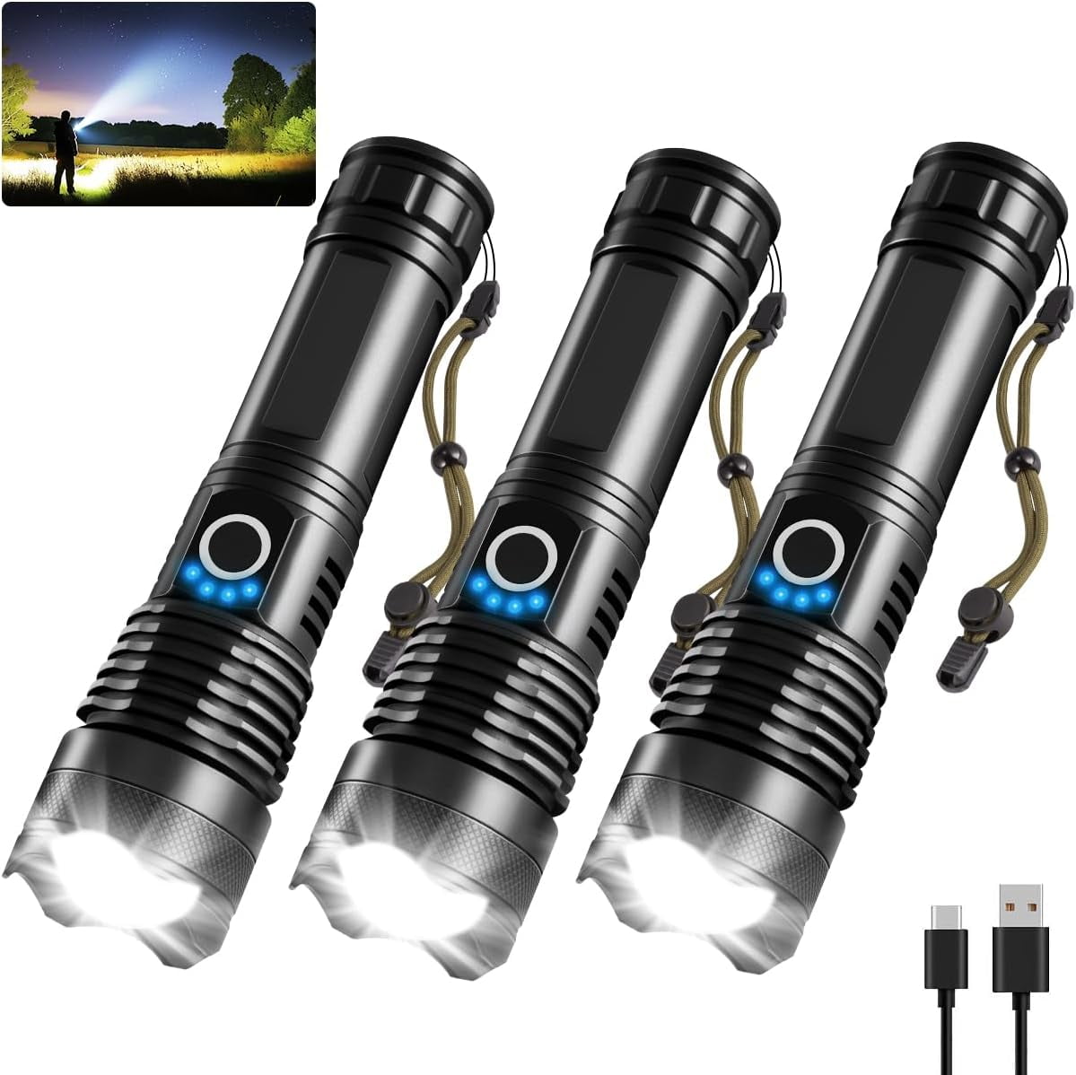 3Pack Rechargeable Flashlights High Lumens, 990000lm Super Bright Flashlight, 5Modes LED ...