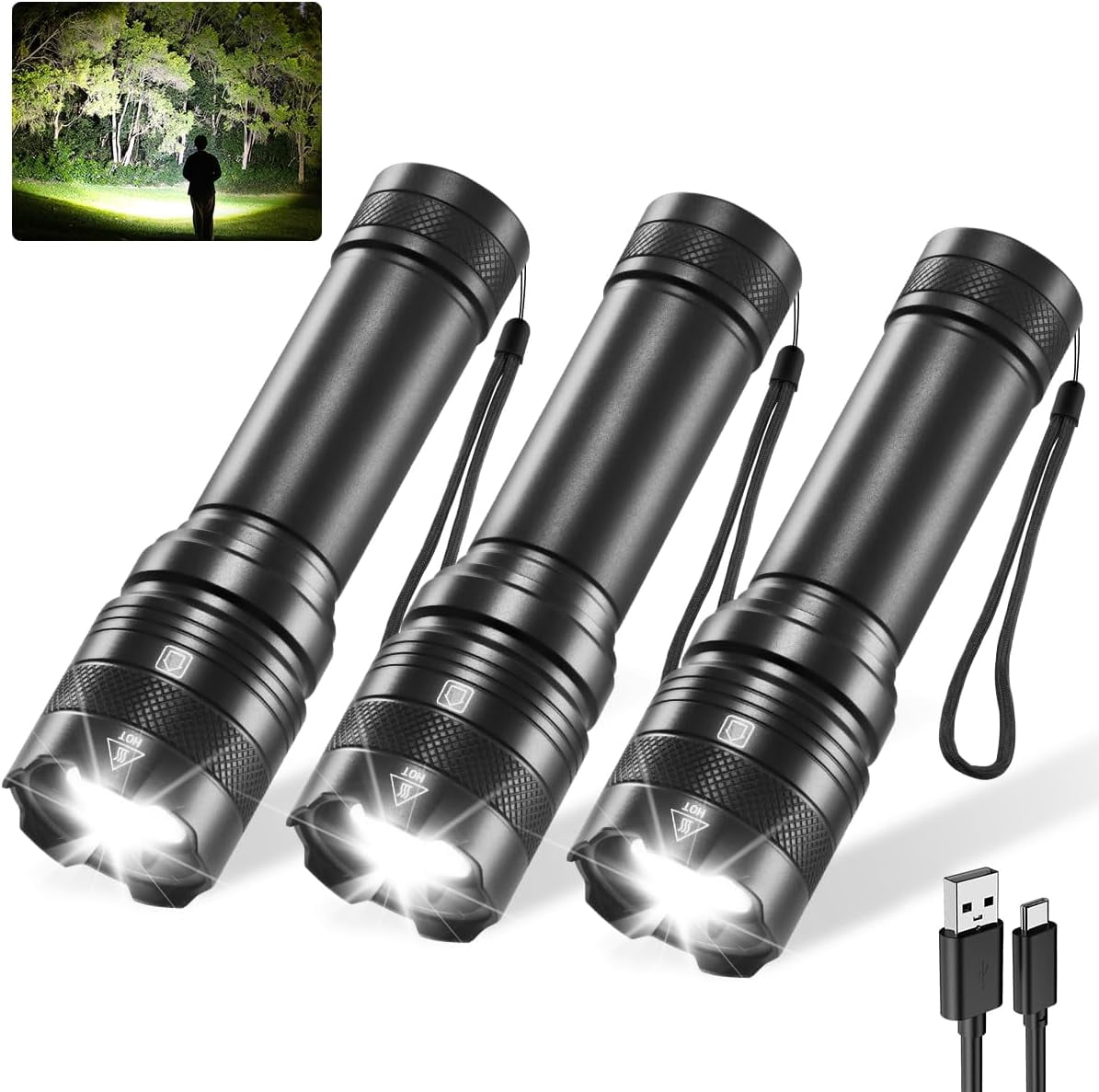 3Pack Rechargeable Flashlights, Tactical Flashlight High Lumens, Super ...