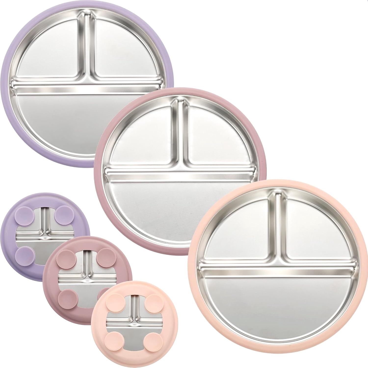 3Pack Stainless Steel Kids Plates,Divided Toddler Plates with Removable ...