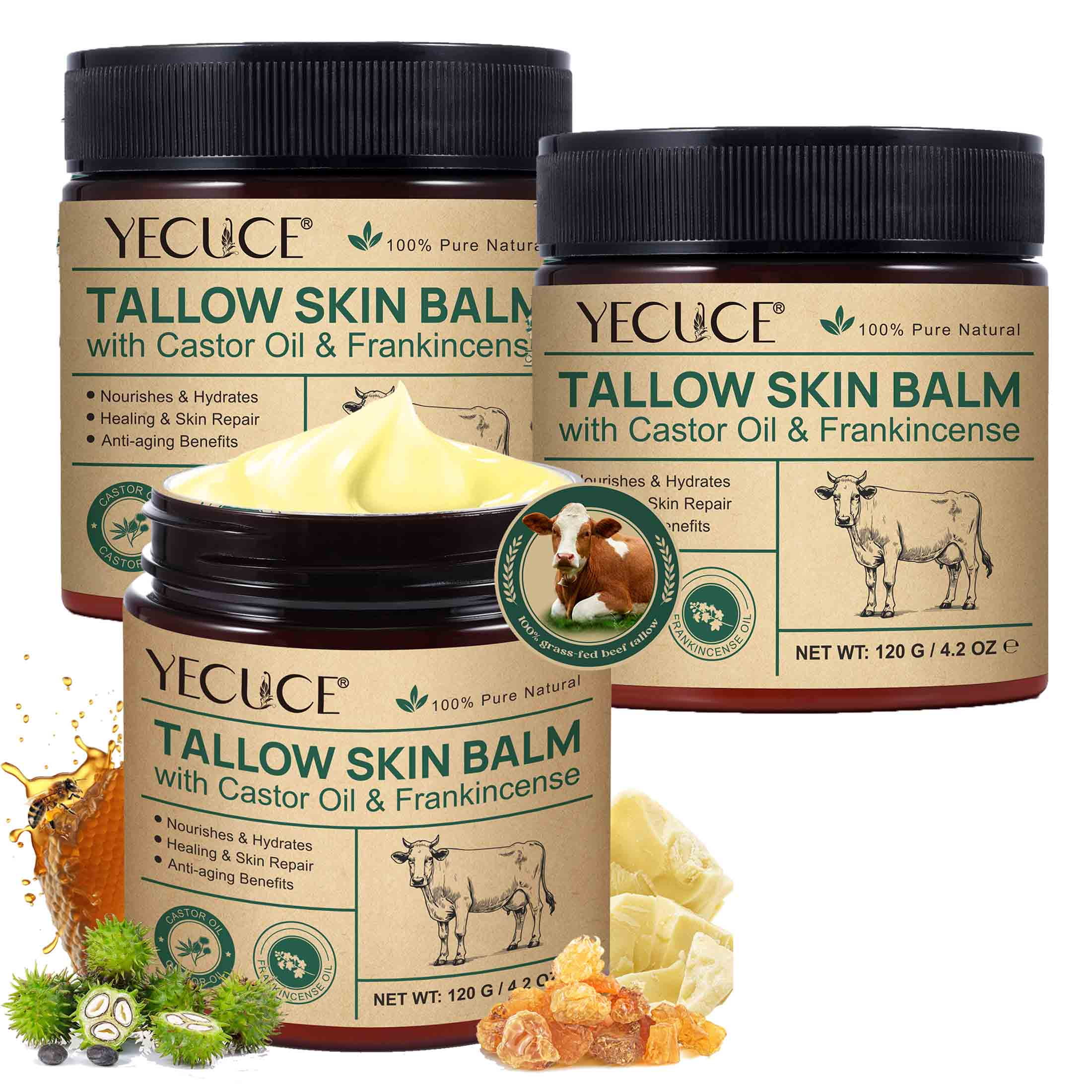 3Pack Tallow + Castor + Frankincense Skin Balm, 100% Pure Natural ...