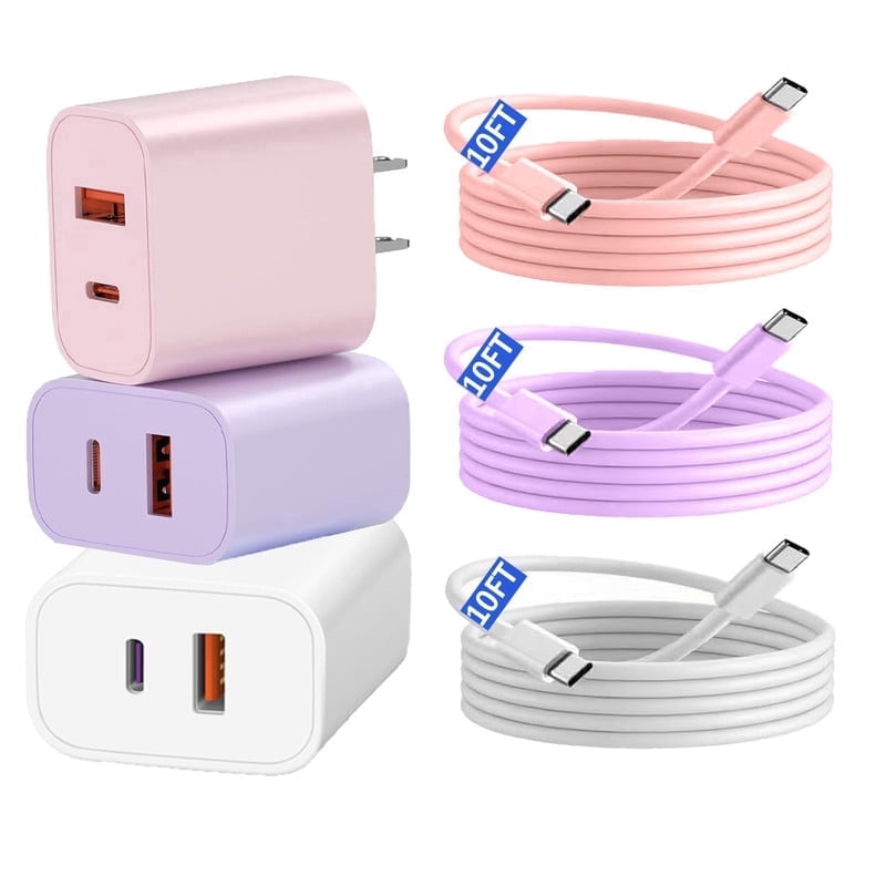 3Pack USB C Charger Block,10ft Type C cable with 20W dual port Wall ...