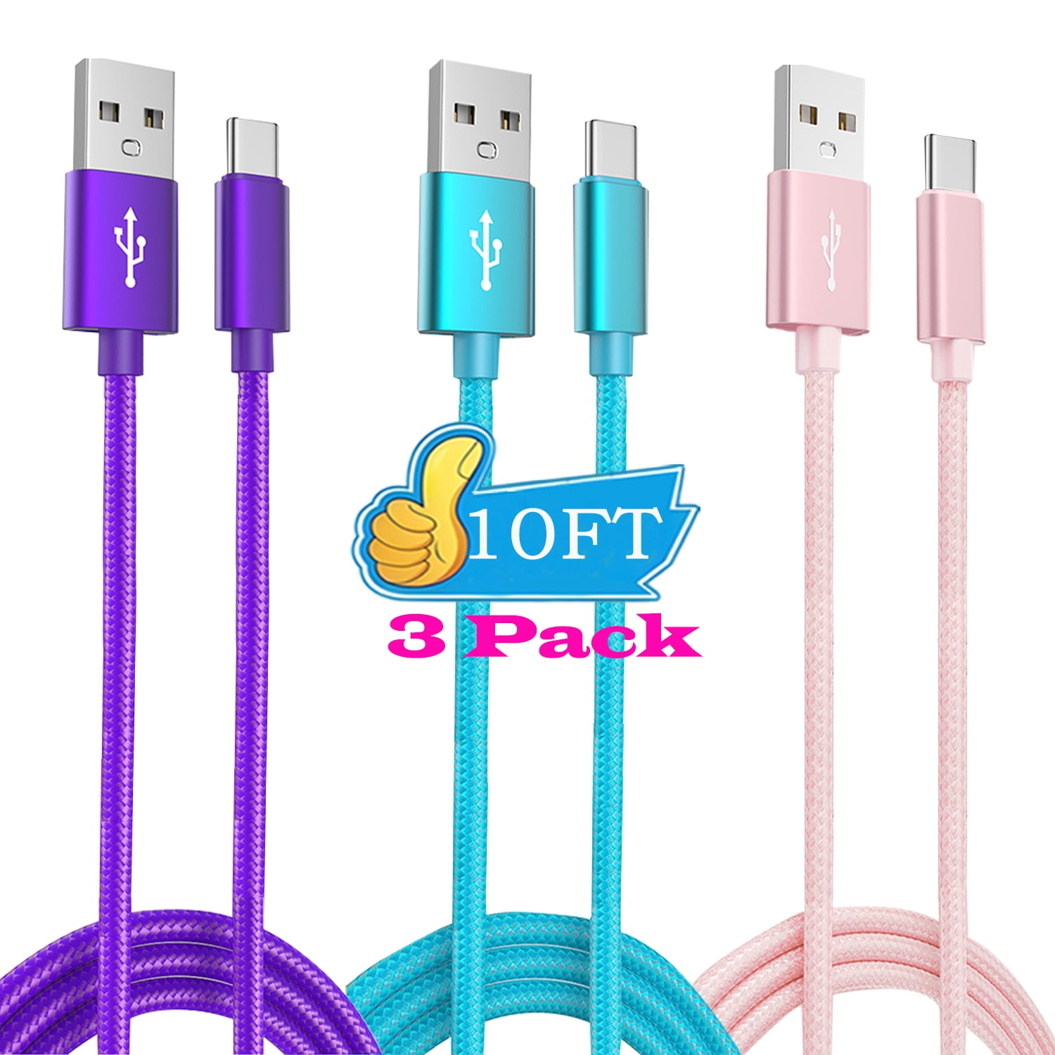 3Pack Usb Cables,Type C Charger Fast Charging Cable 10ft 10 Feet ...