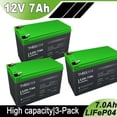 3Packs 12V 7Ah Lithium Iron LiFePO4 Battery Built-in BMS, Rechargeable ...