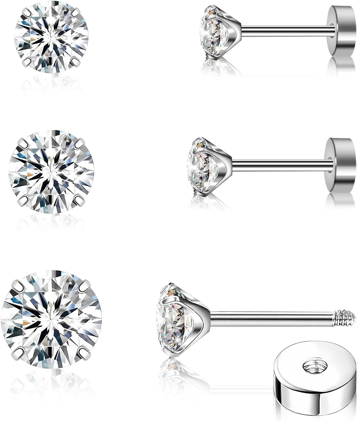 3Pairs Flat Back Earrings For Women, Titanium Cz Stud Flat Screw Back ...