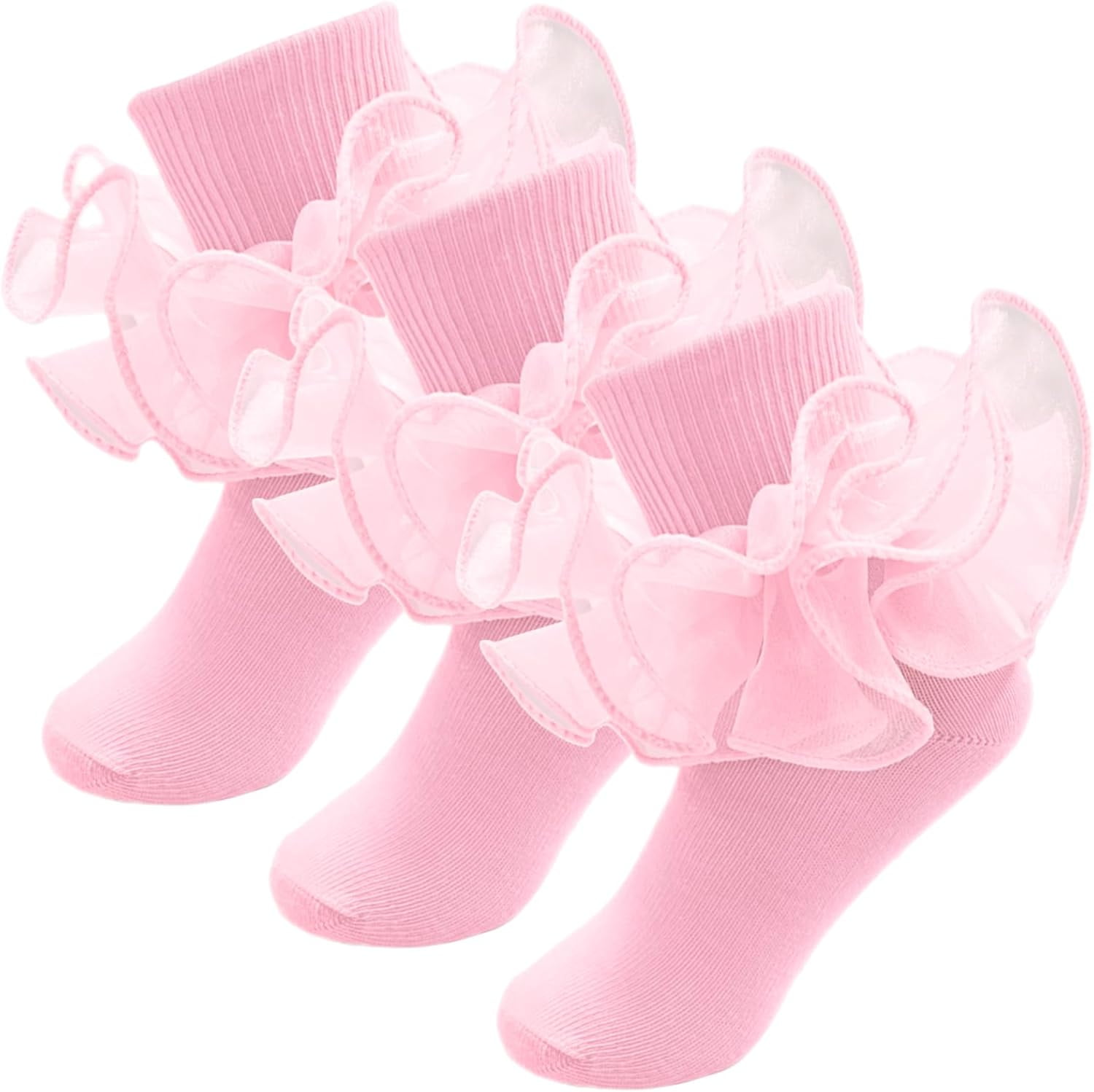 3Pairs Girls Ruffle Socks Toddler Double Lace Sock Turn Cuff Frilly ...